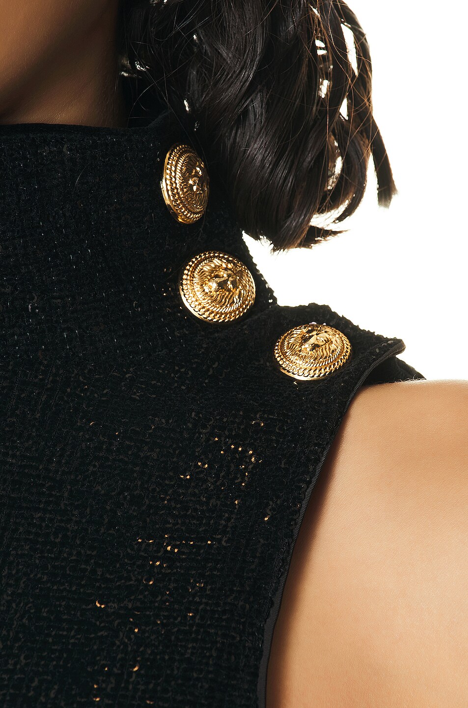 BALMAIN 3 Button High Neck Sequin Top in Black | FWRD