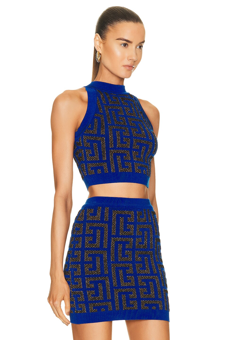 BALMAIN Pharaon Monogram Knit Cropped Top in Bleu | FWRD