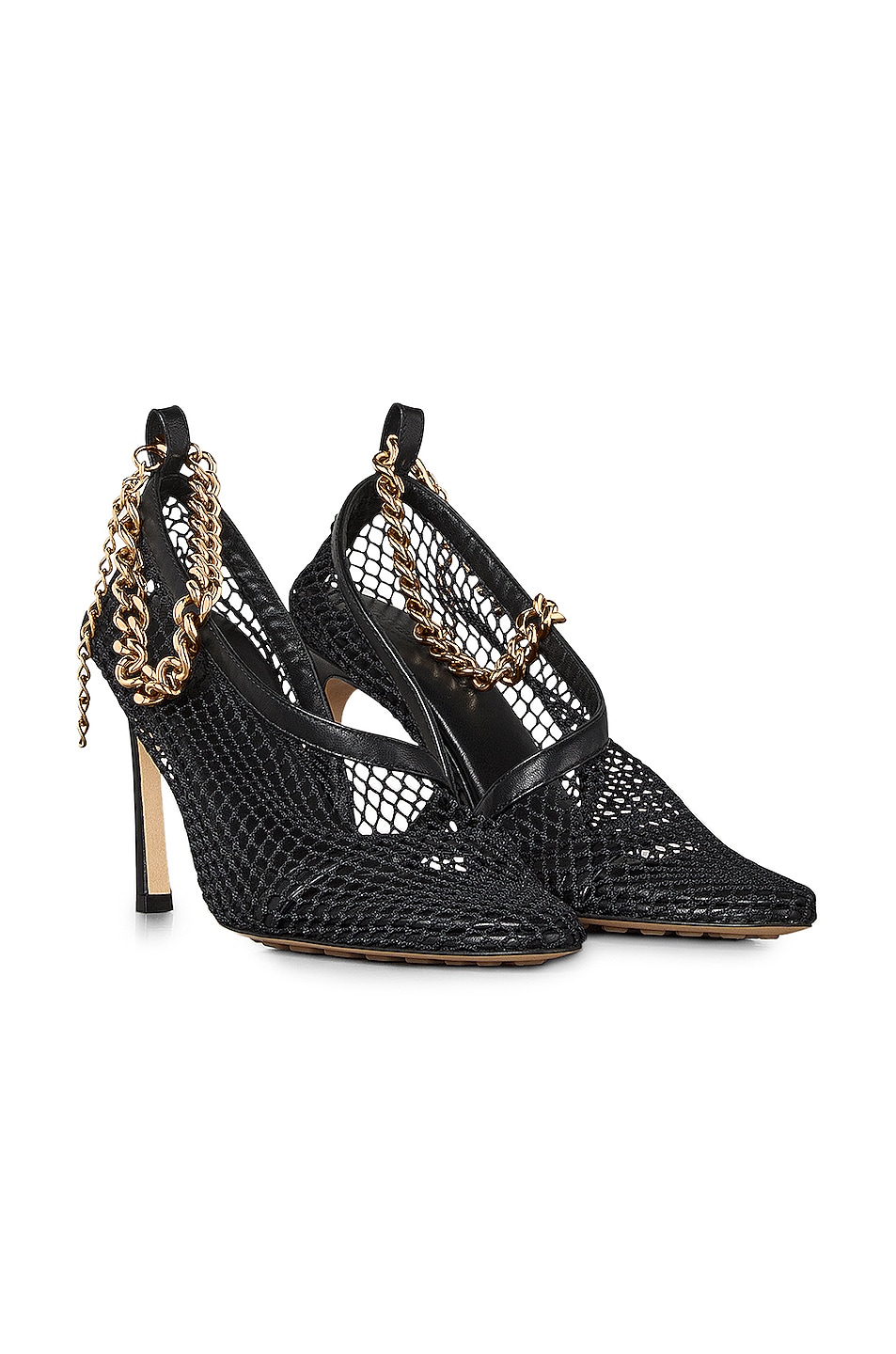 Bottega Veneta Mesh Chunky Chain Heels in Black & Gold | FWRD
