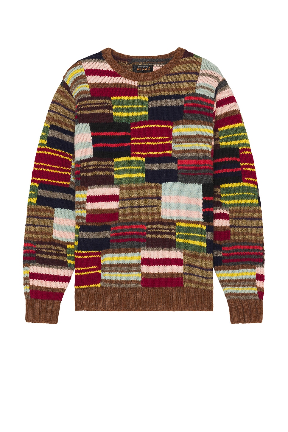 Beams Plus Crew Hand Knit Patchwork Sweater in Stripe | FWRD