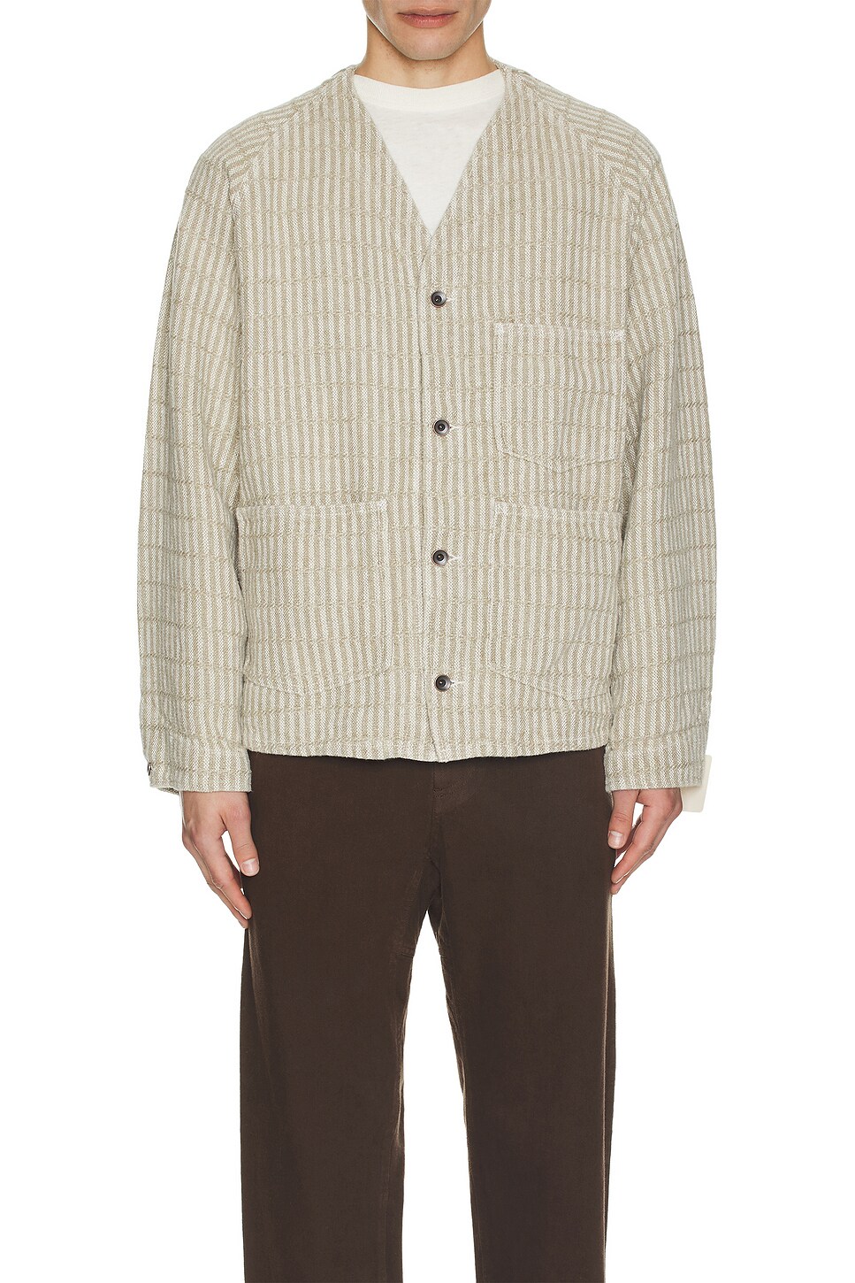 Beams Plus Engineer Jacket Linen Hickory Stripe in Natural | FWRD