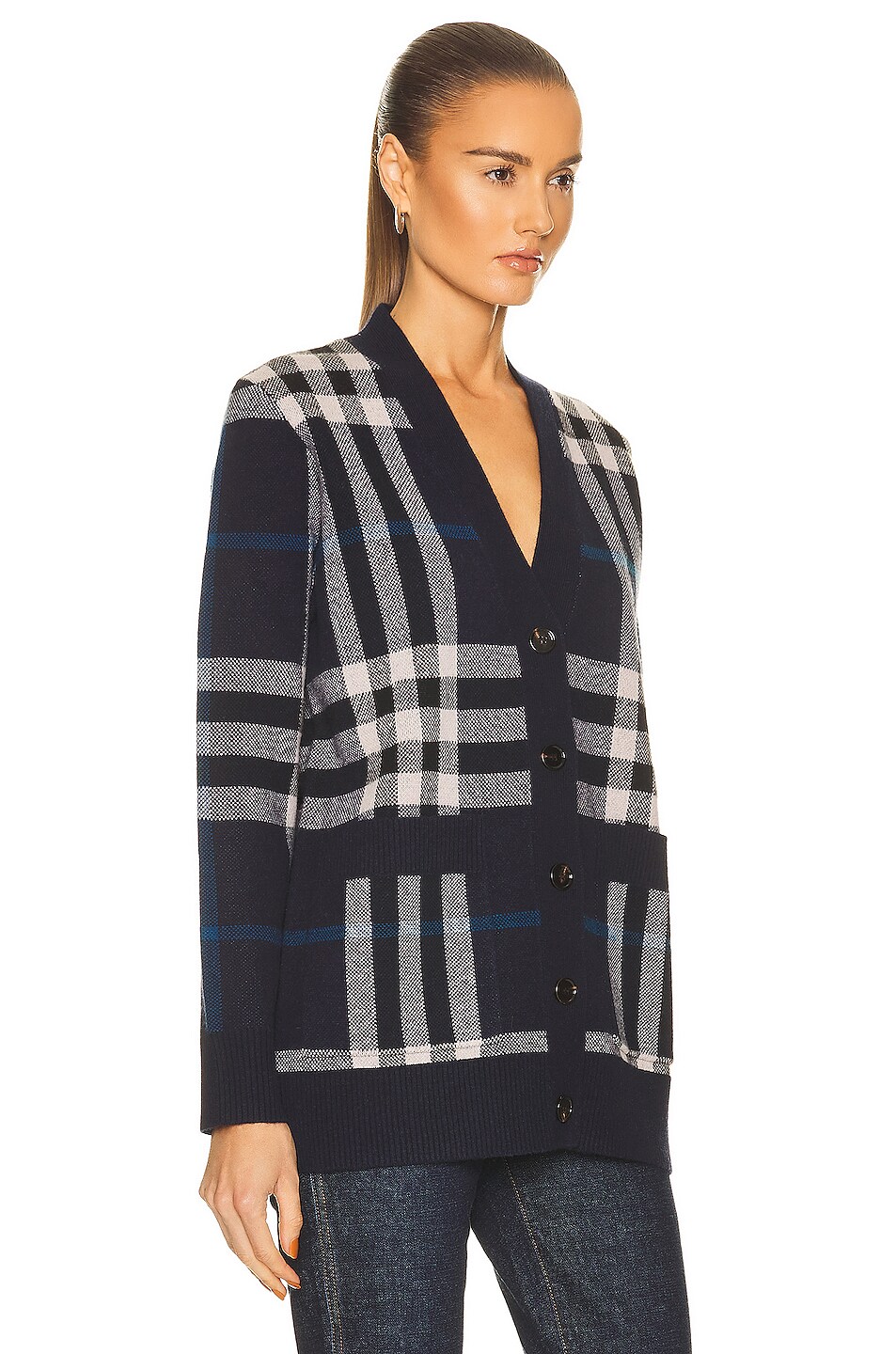 Burberry Willah Check Oversize Cardigan in Dark Charcoal Blue | FWRD