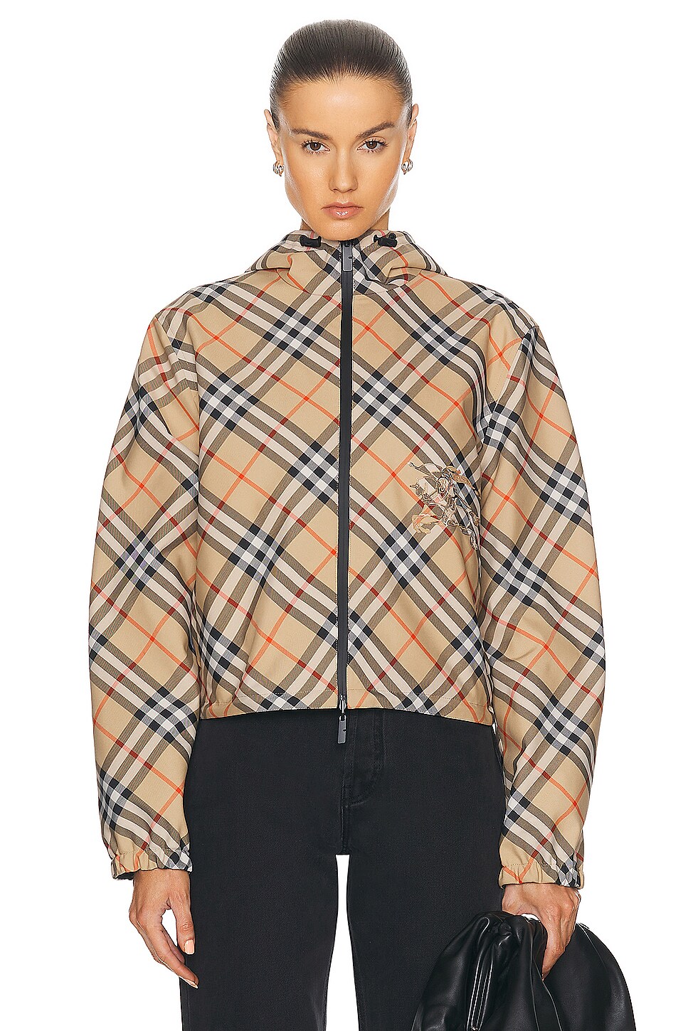 Burberry Crop Check Reversible Jacket in Sand IP Check | FWRD