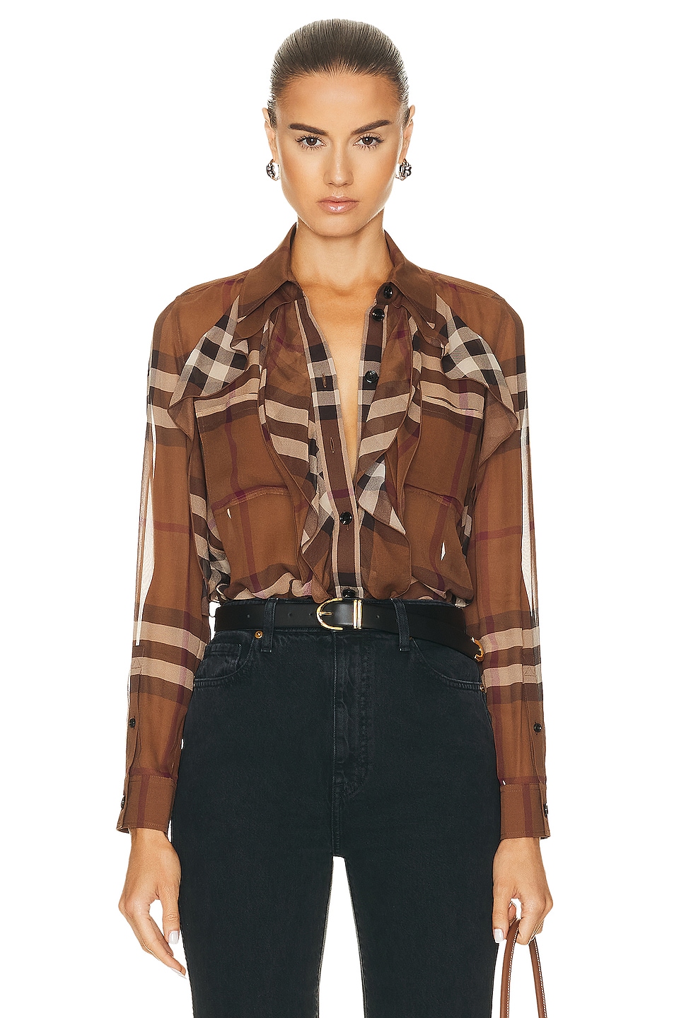 Burberry Ruffle Top in Dark Birch Brown Check | FWRD