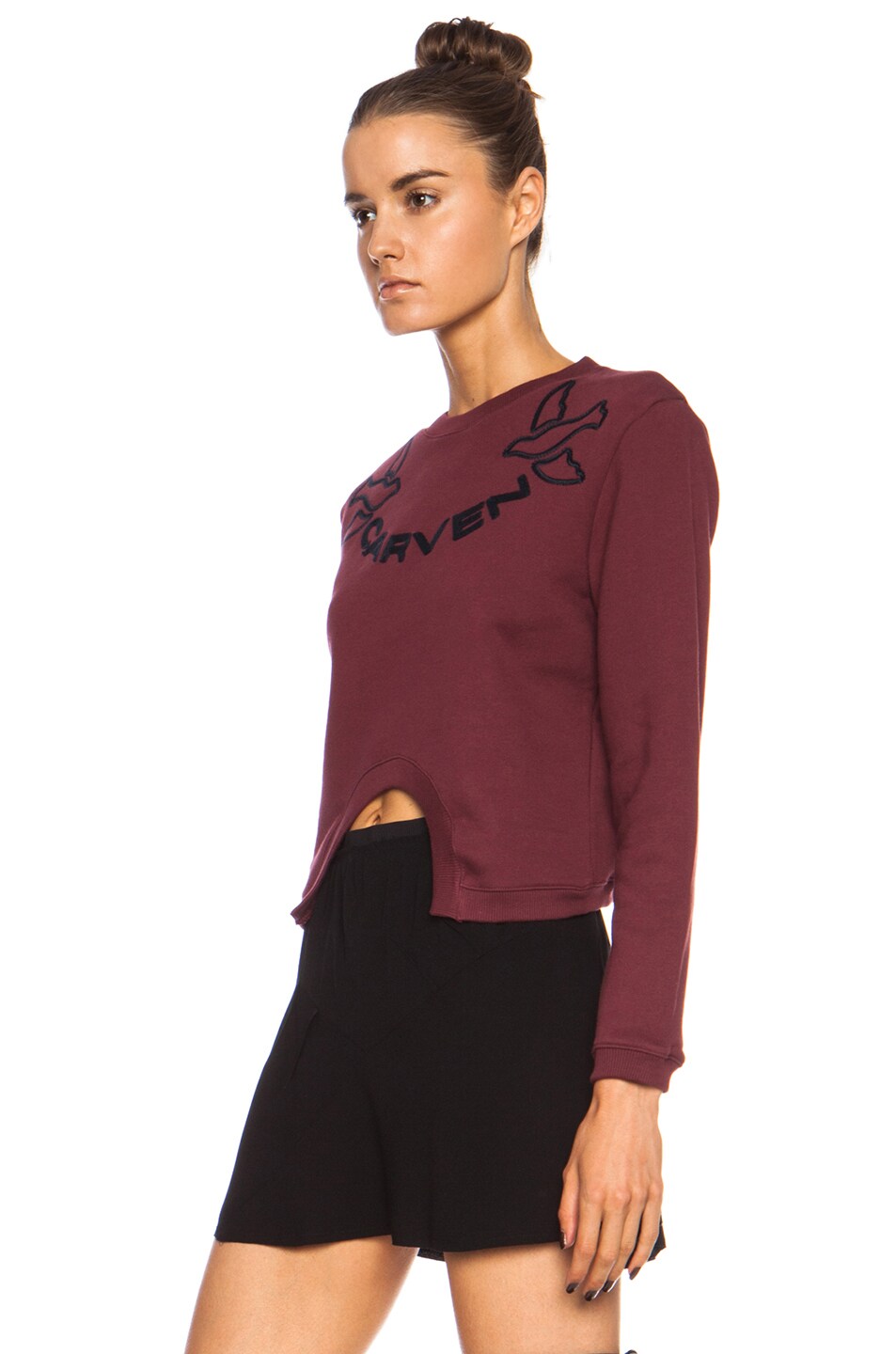 Carven Cropped Front Logo Cotton Sweatshirt in Wine | FWRD