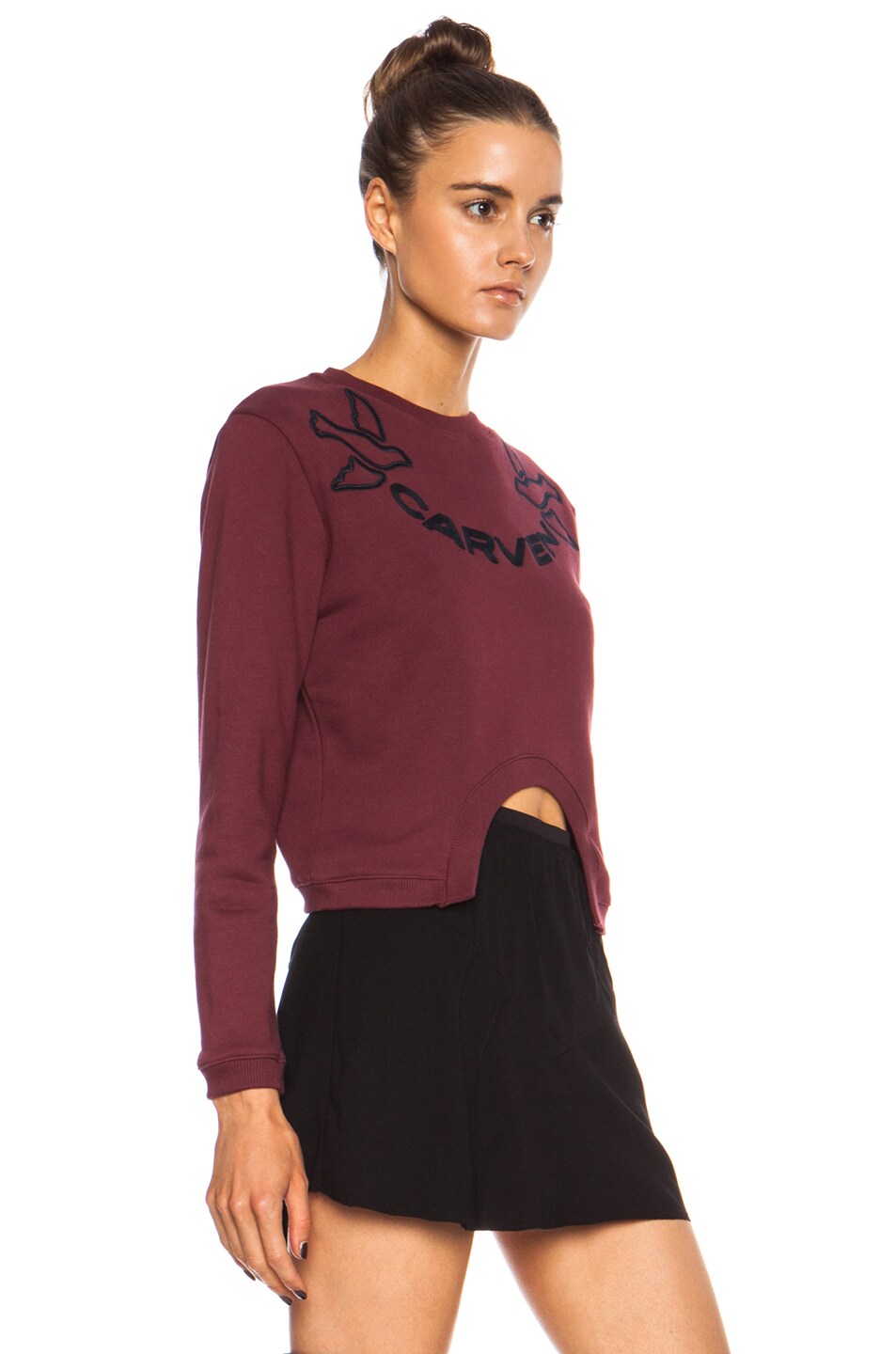 Carven Cropped Front Logo Cotton Sweatshirt in Wine | FWRD