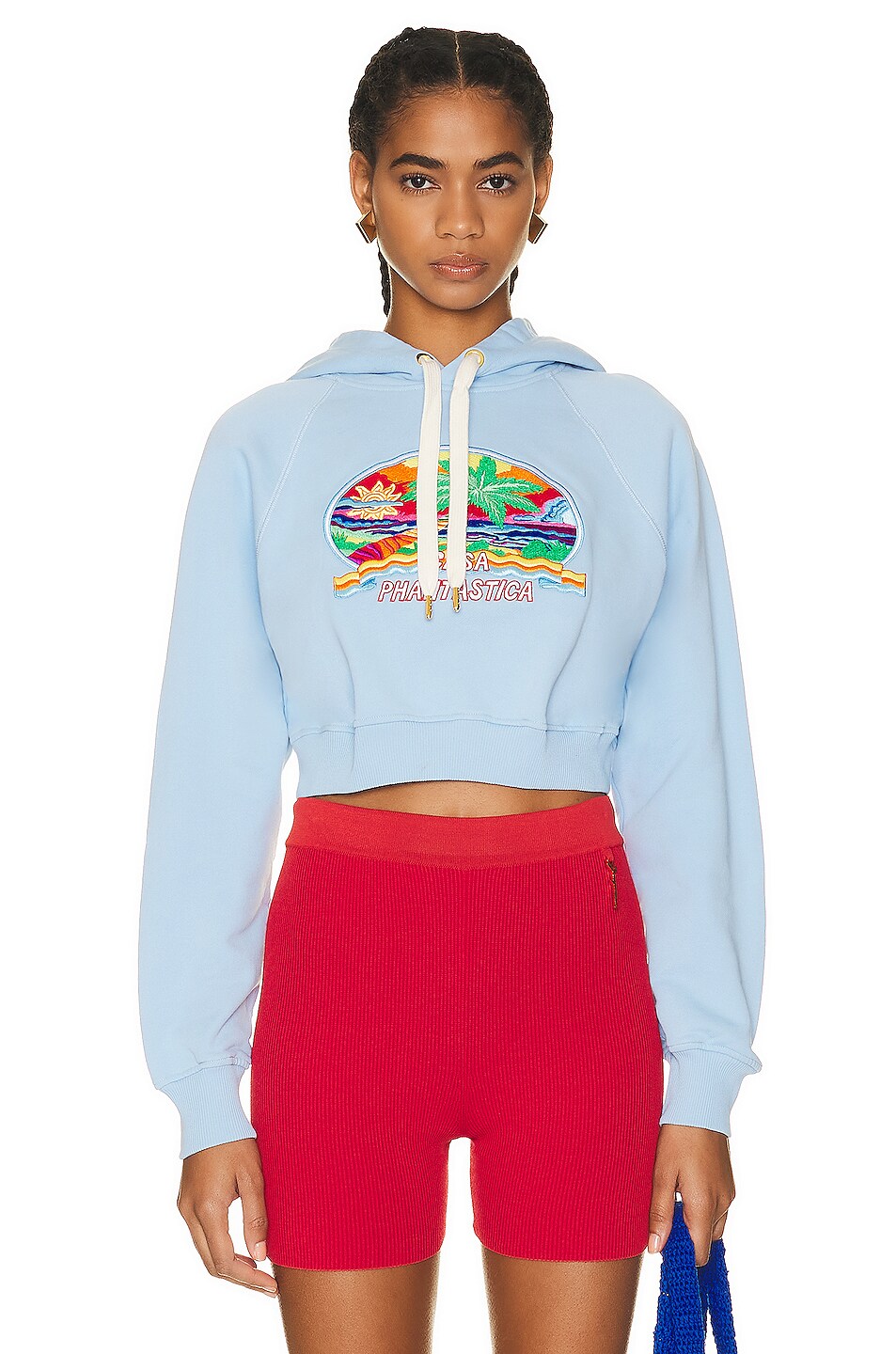 Casablanca Embroidered Cropped Hoodie in Pale Blue | FWRD