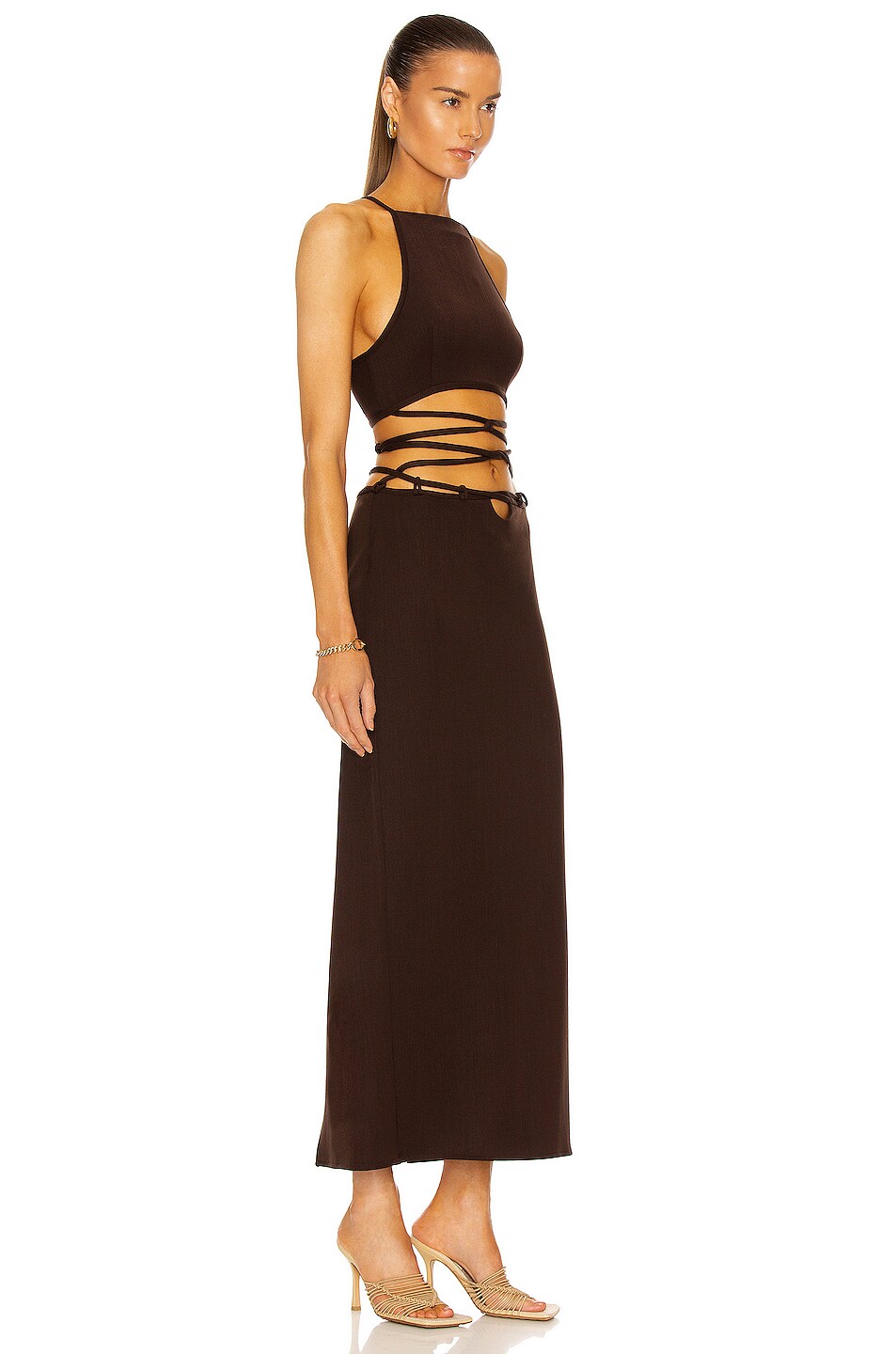 Christopher Esber Wrapped Interlock Tie Halter Dress in Chocolate | FWRD