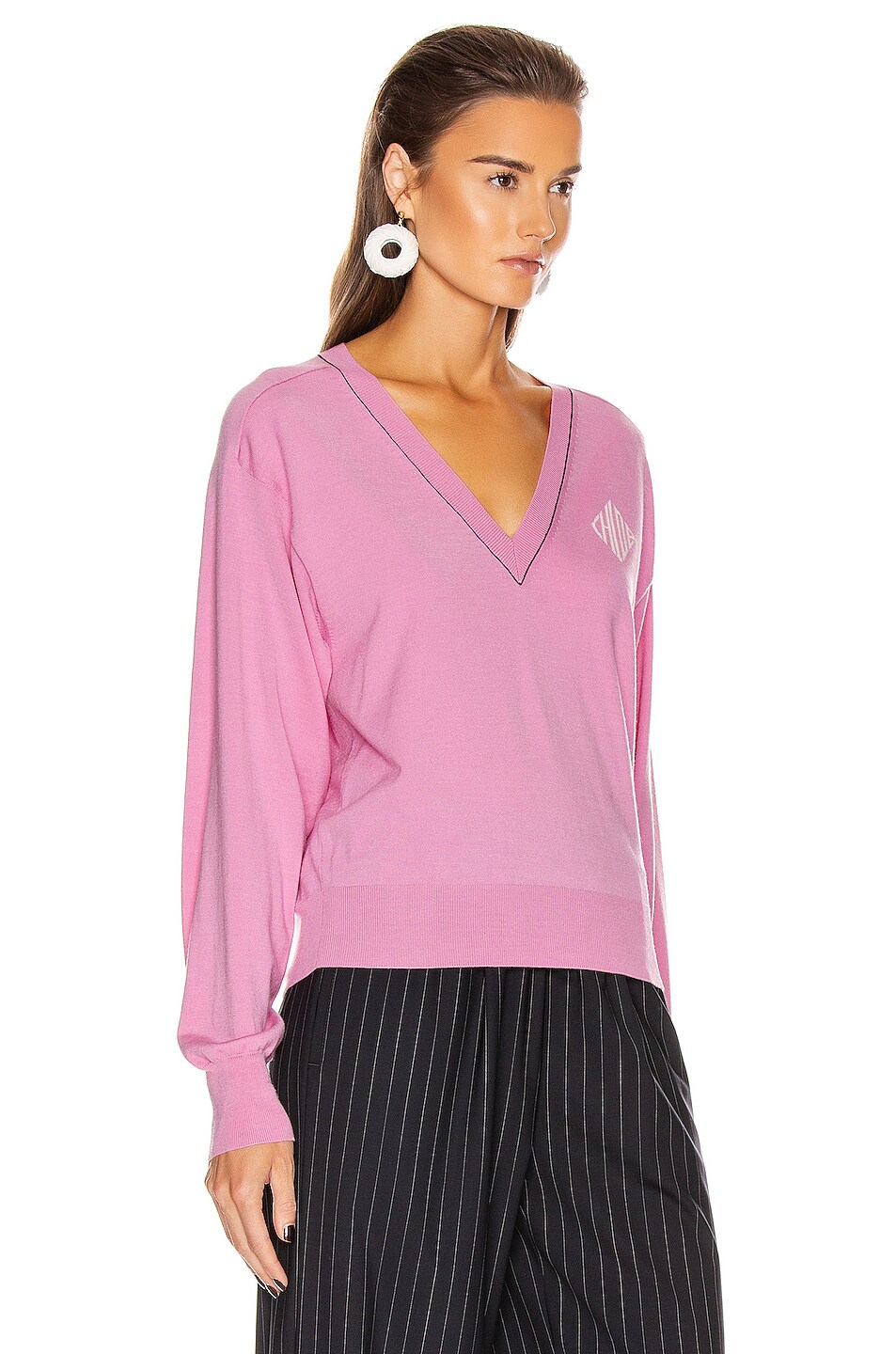 Chloe Diamond Logo V Neck Sweater in Dahlia Pink | FWRD