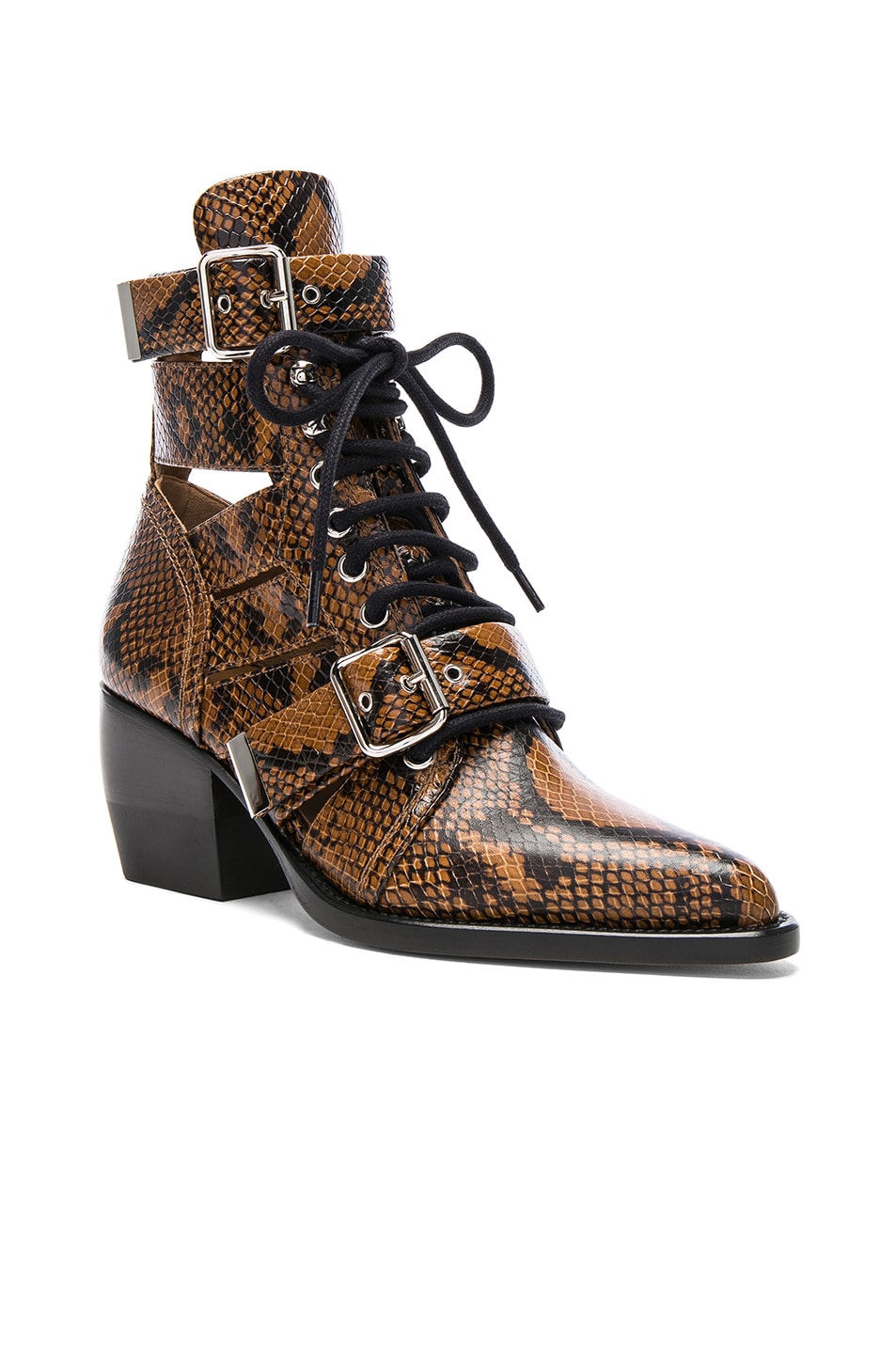 Chloe Rylee Python Print Leather Lace Up Buckle Boots in Light Tan | FWRD