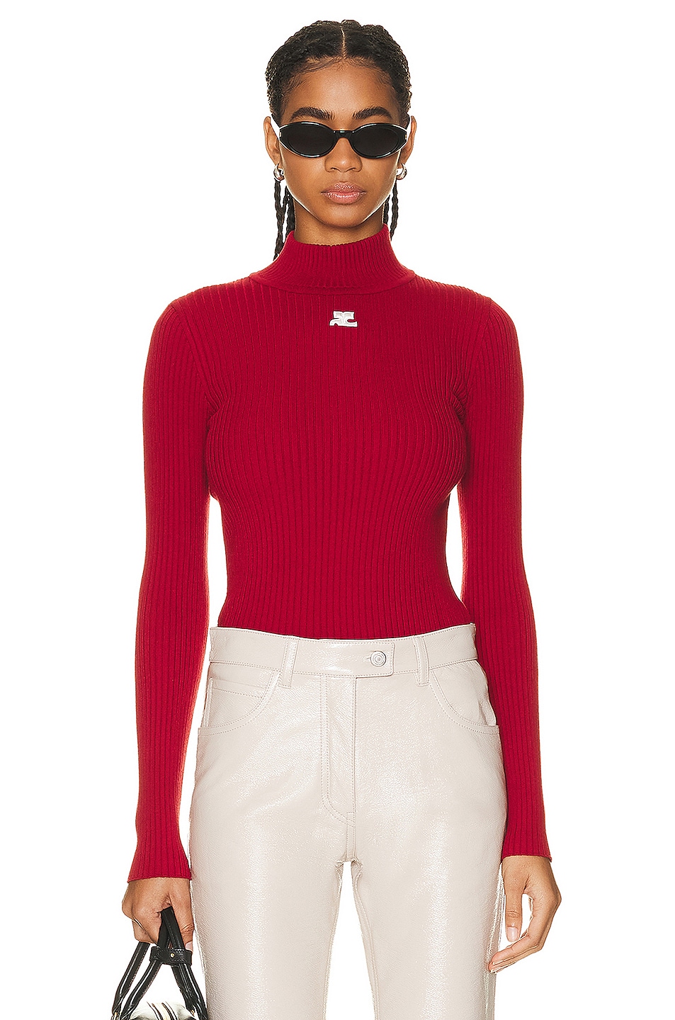 Courreges Mock Neck Rib Knit Sweater in Red | FWRD