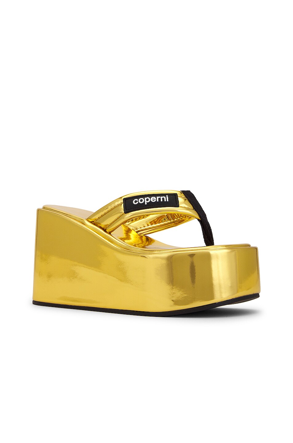 Coperni Metallic Branded Wedge Sandal in Gold | FWRD