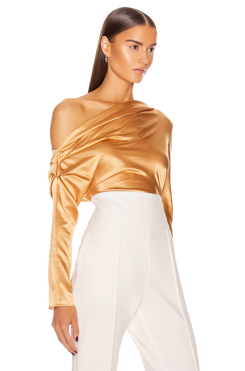 Cushnie Long Sleeved One Shoulder Drape Top in Ochre | FWRD
