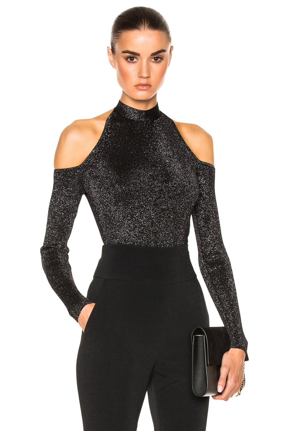 Cushnie Cold Shoulder Bodysuit in Metallic Black | FWRD