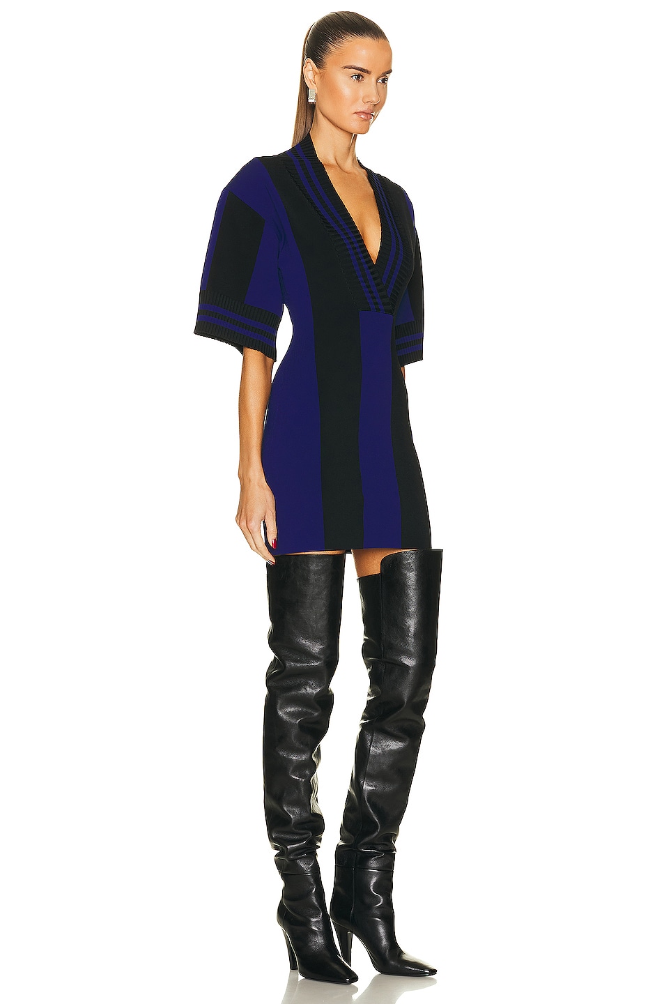 David Koma V Cut Oversized Knit Dress in Navy & Black | FWRD