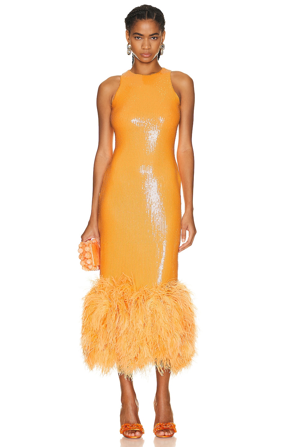 David Koma Feather Hem Sequin Midi Dress in Orange | FWRD