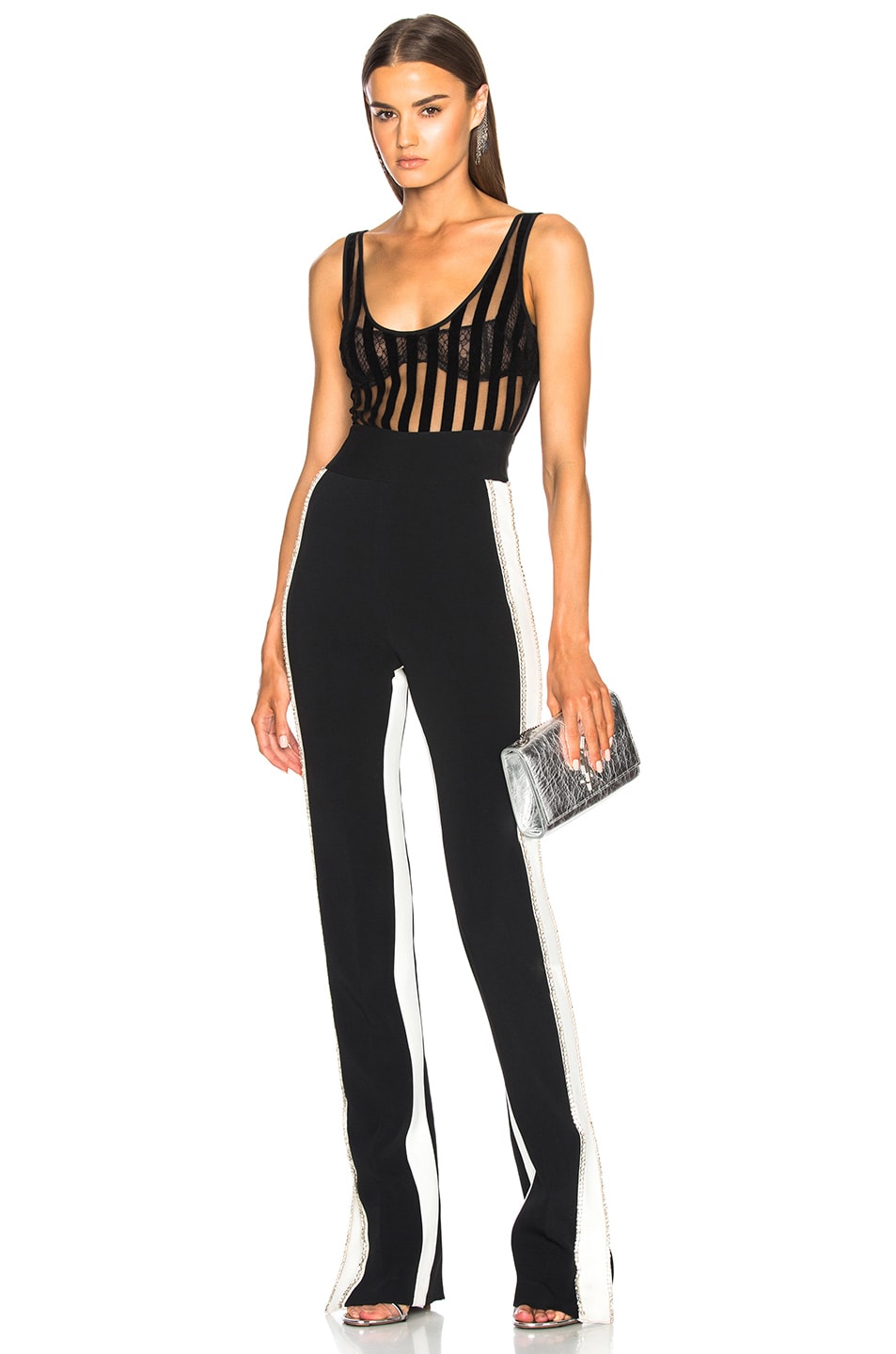 David Koma Side Snap Crystal Trouser Pants in Black, White & Silver | FWRD