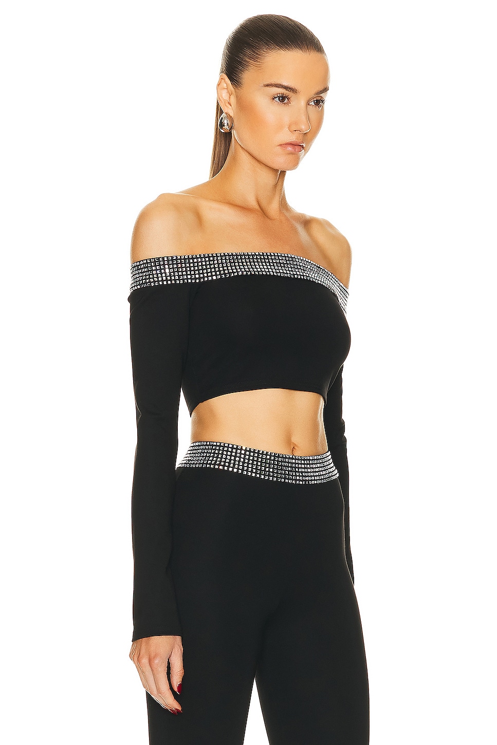 David Koma Crystal Embroidered Long Sleeve Crop Top in Black & Silver ...