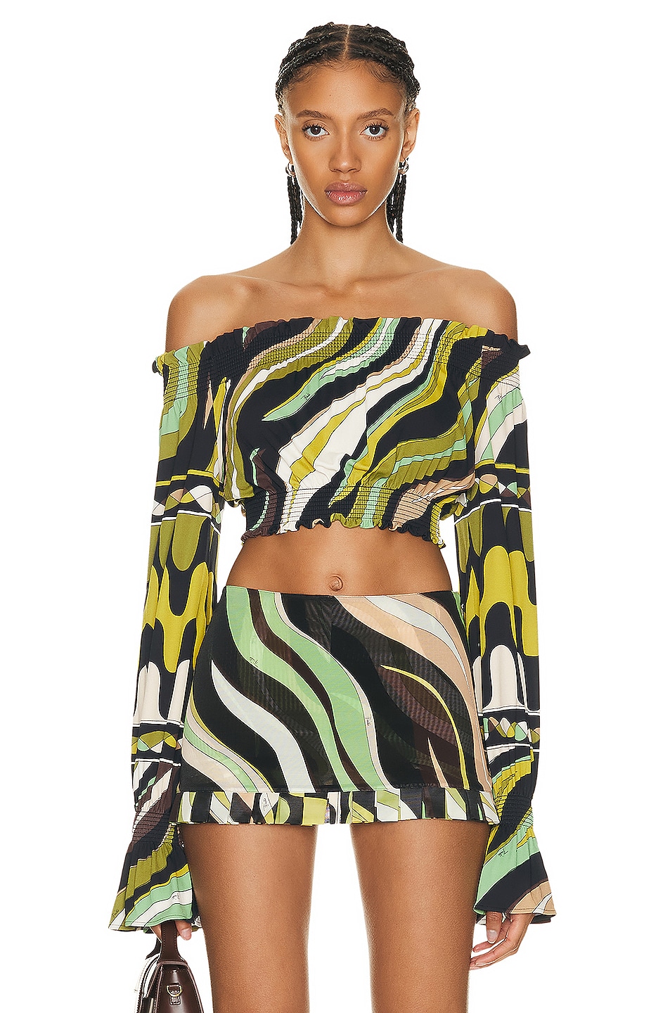 Emilio Pucci Off the Shoulder Crop Top in Nero & Khaki | FWRD