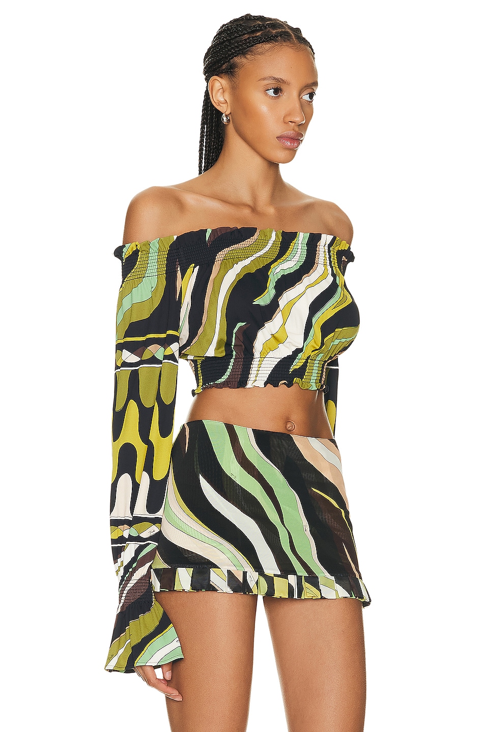 Emilio Pucci Off the Shoulder Crop Top in Nero & Khaki | FWRD