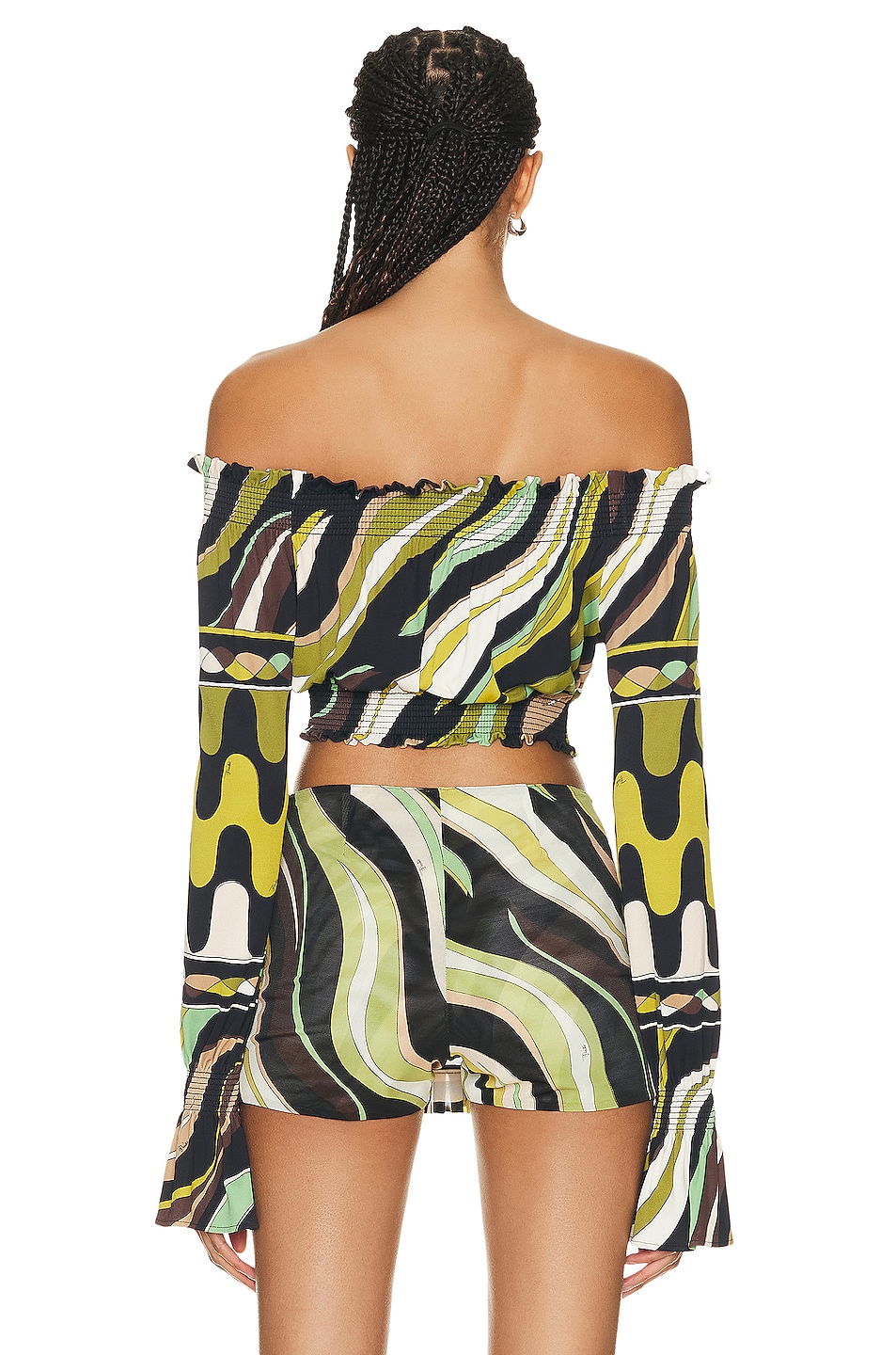Emilio Pucci Off the Shoulder Crop Top in Nero & Khaki | FWRD