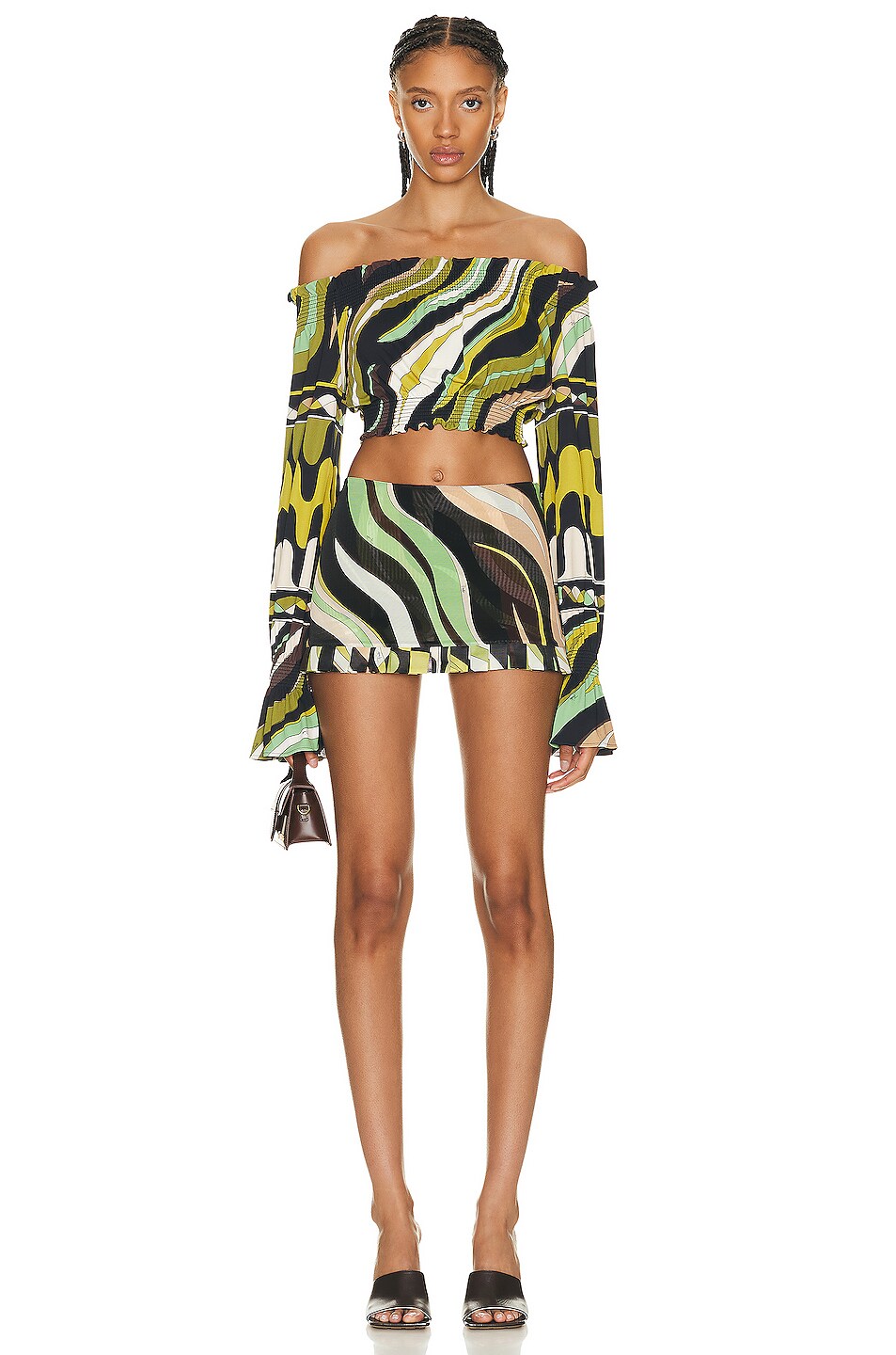 Emilio Pucci Off the Shoulder Crop Top in Nero & Khaki | FWRD