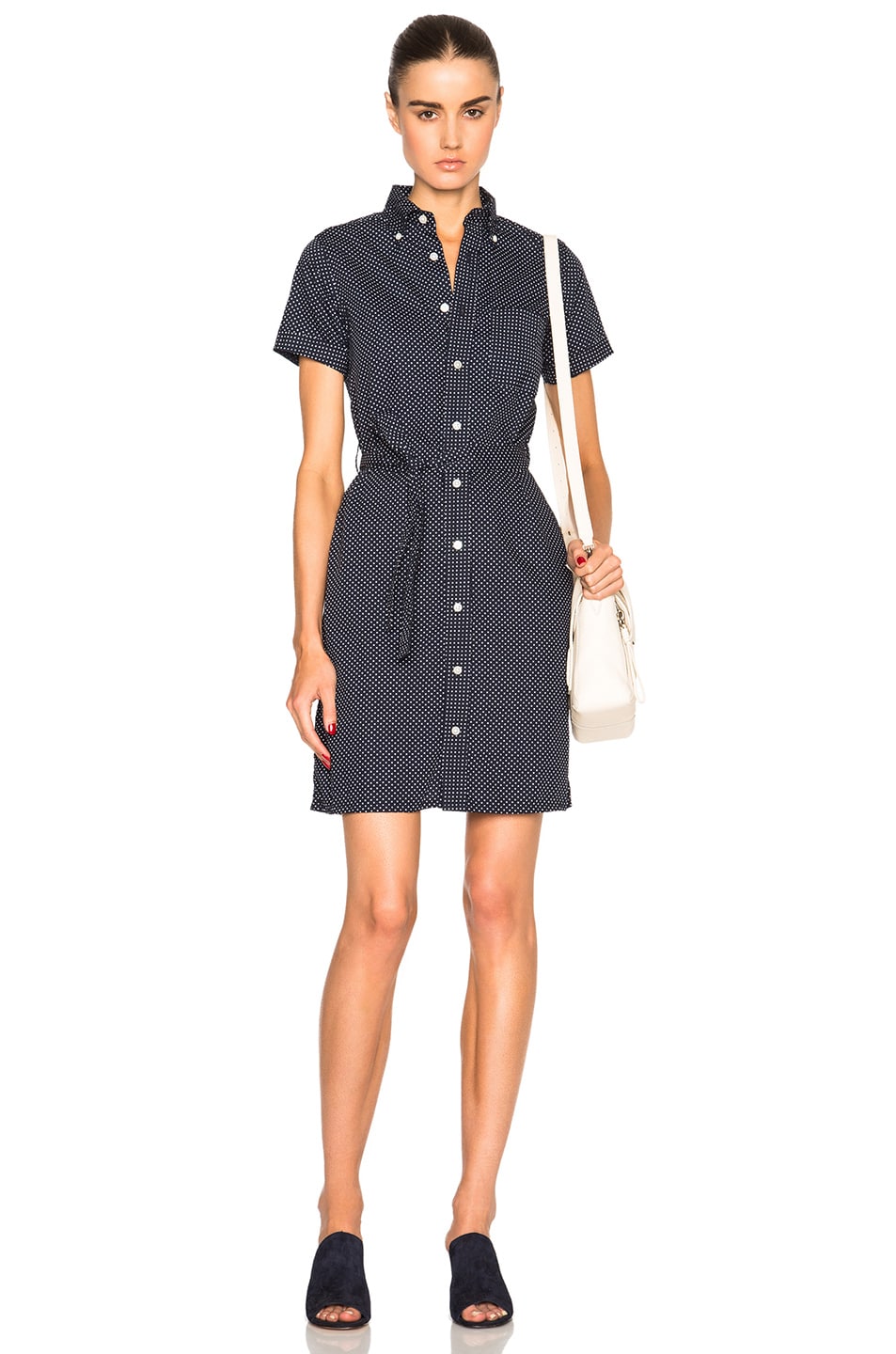 Engineered Garments Button Down Shirt Dress in Navy Printed Polka Dot ...
