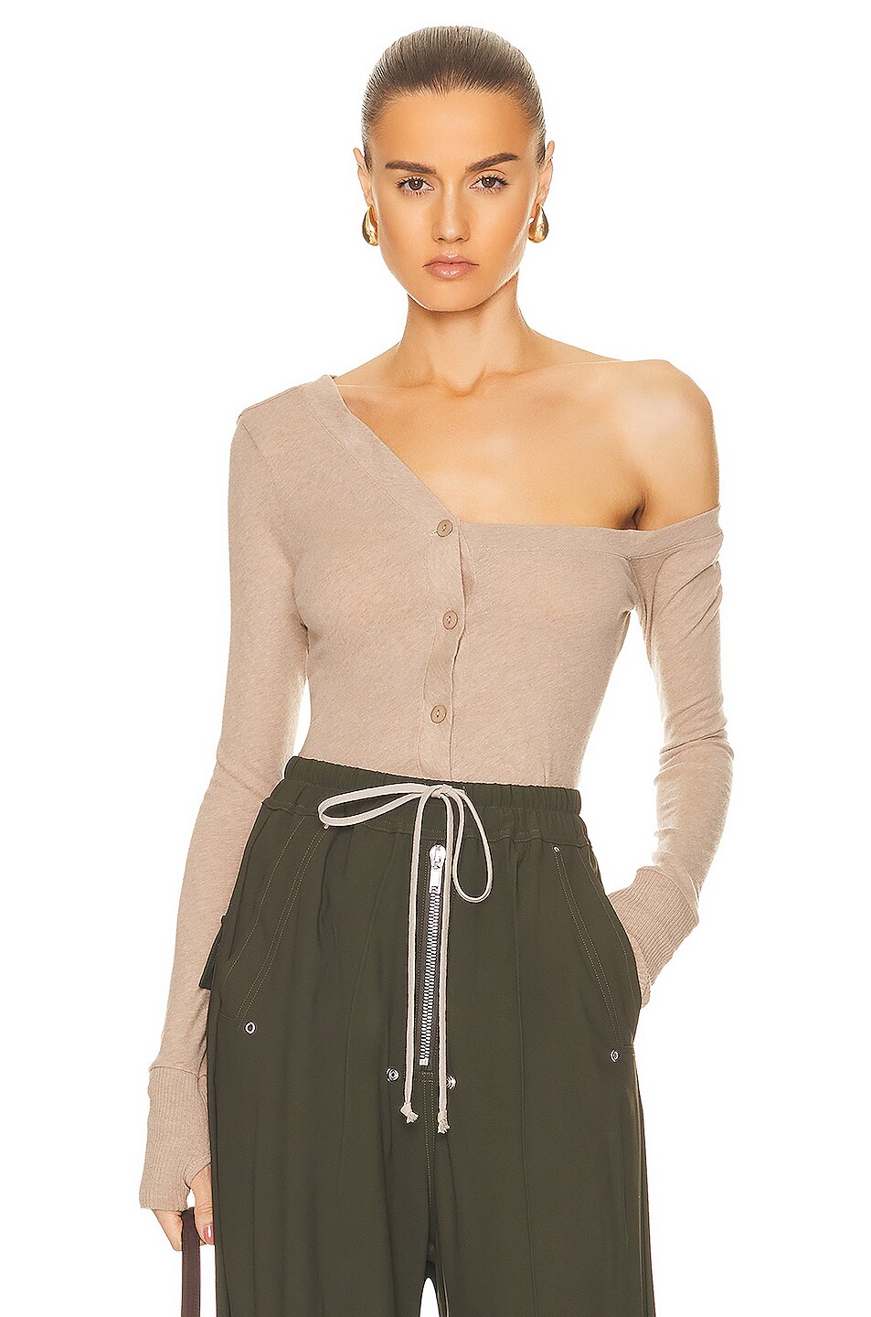 Enza Costa Cashmere Exposed Shoulder Cardigan in Khaki | FWRD
