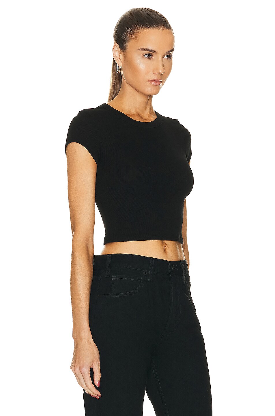 Enza Costa Silk Knit Cropped Cap Sleeve T-shirt in Black | FWRD