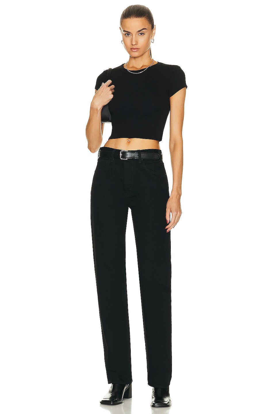 Enza Costa Silk Knit Cropped Cap Sleeve T-shirt in Black | FWRD