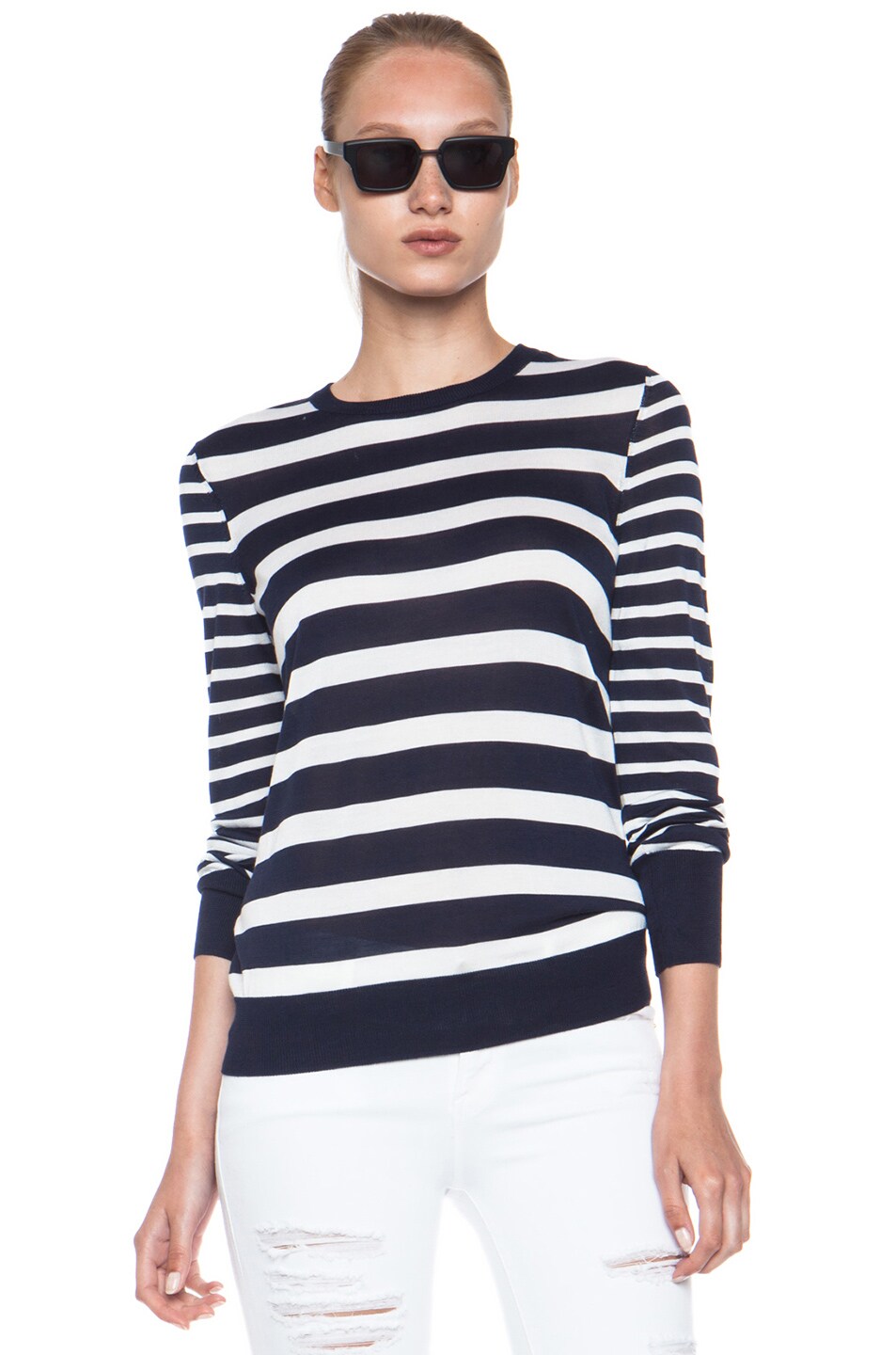 Equipment Shane Crew Neck Silk Sweater in Peacoat & Ivory | FWRD