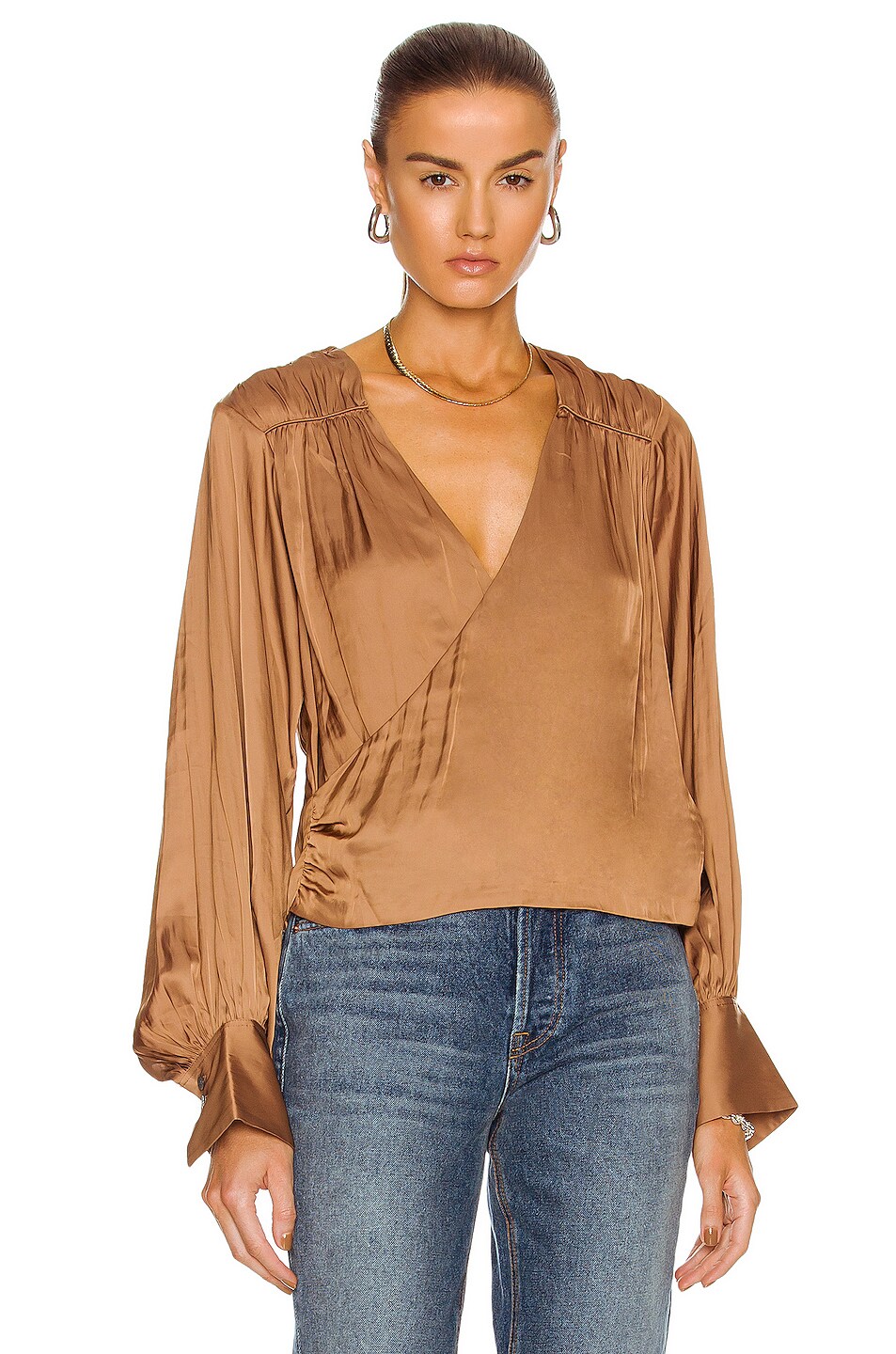 FRAME Long Sleeve Crossover Top in Bronze | FWRD