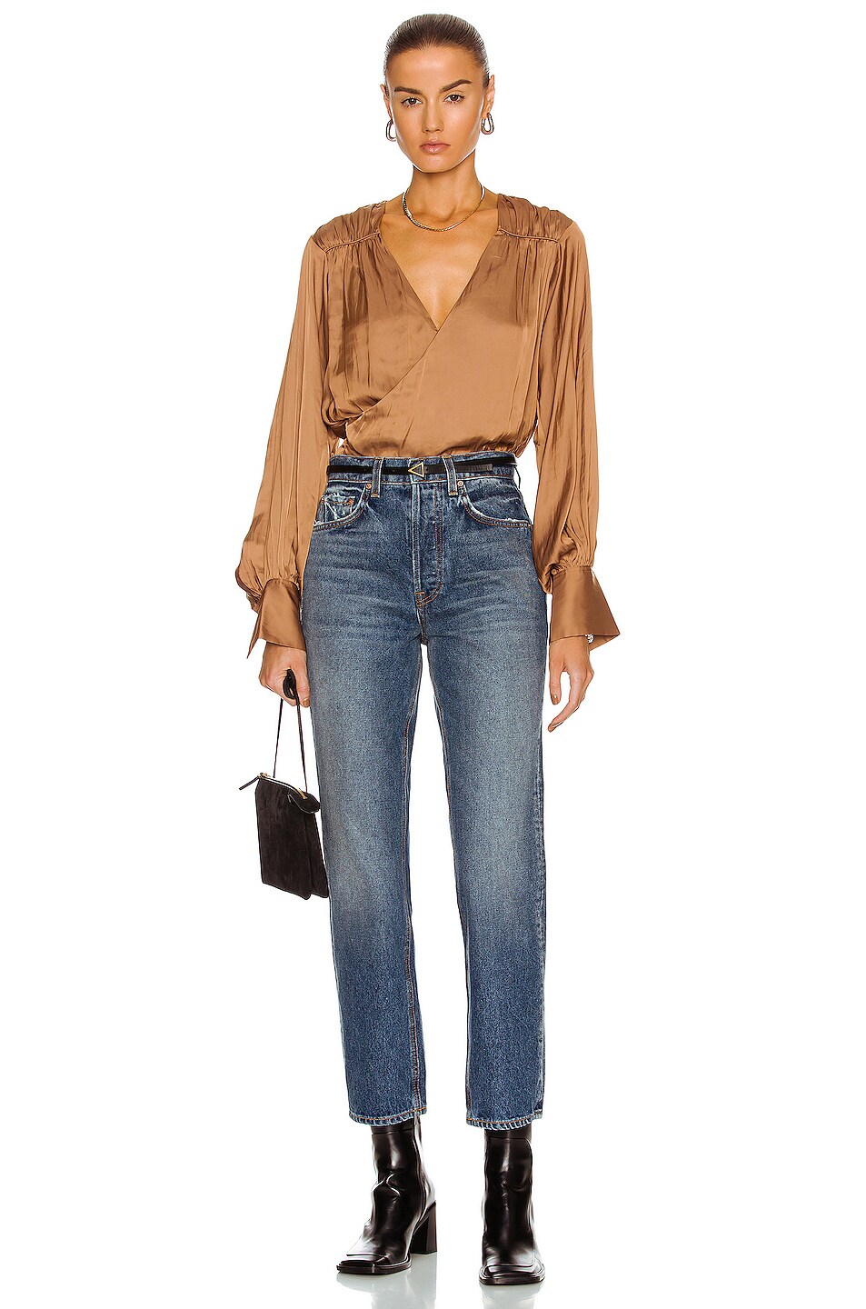 FRAME Long Sleeve Crossover Top in Bronze | FWRD