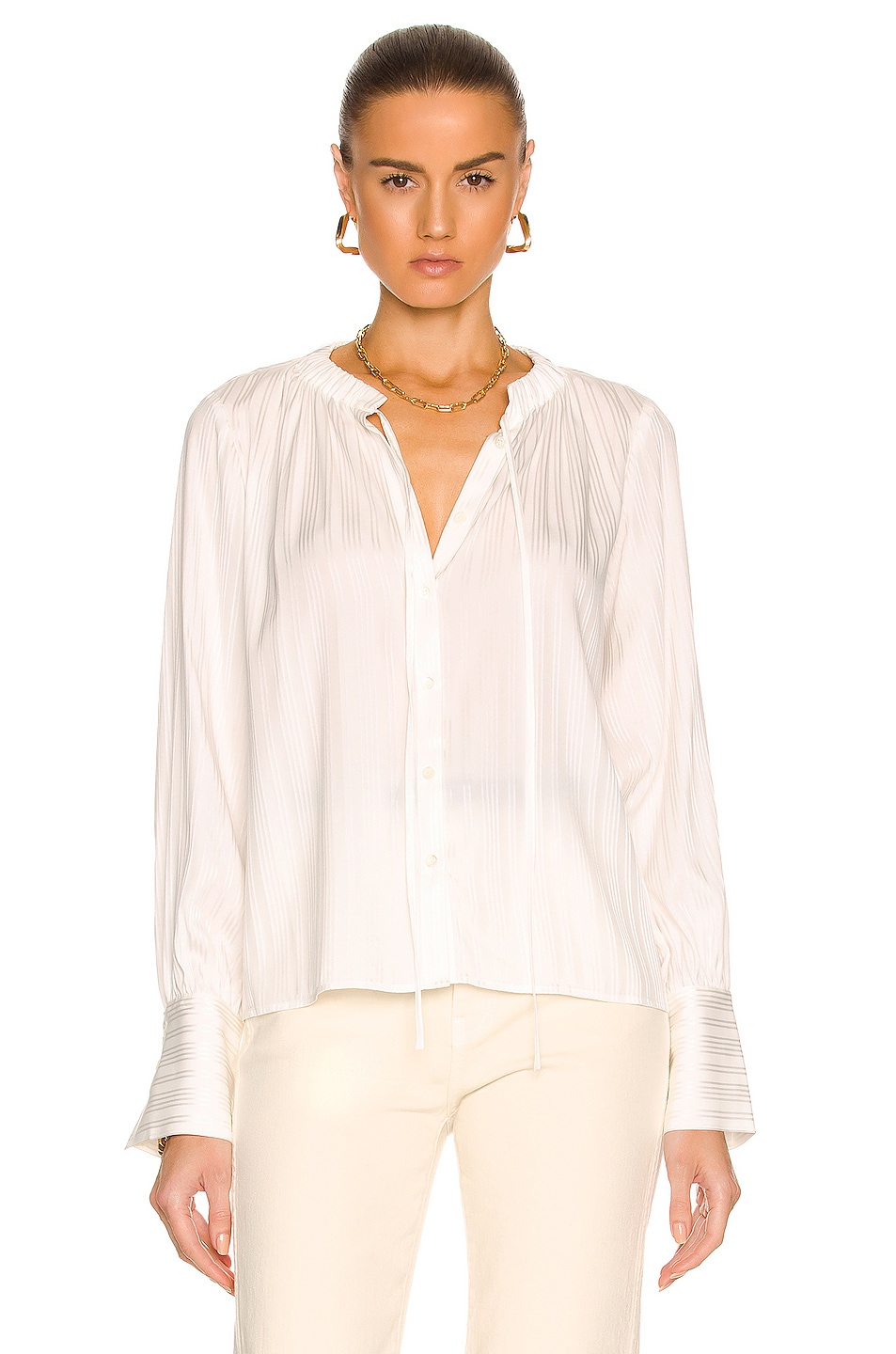 FRAME Shirred Neck Tie Blouse in Off White | FWRD