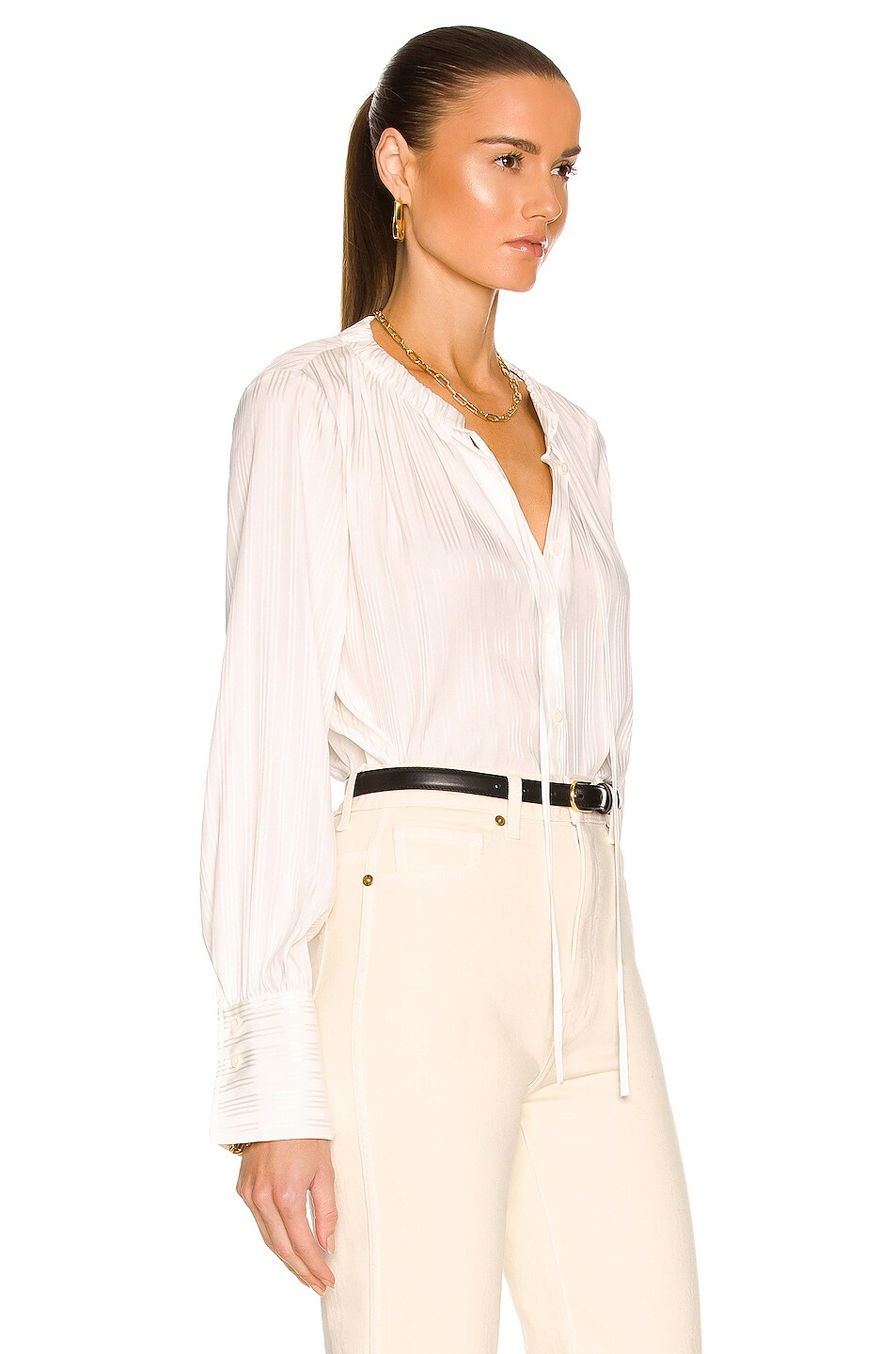 FRAME Shirred Neck Tie Blouse in Off White | FWRD