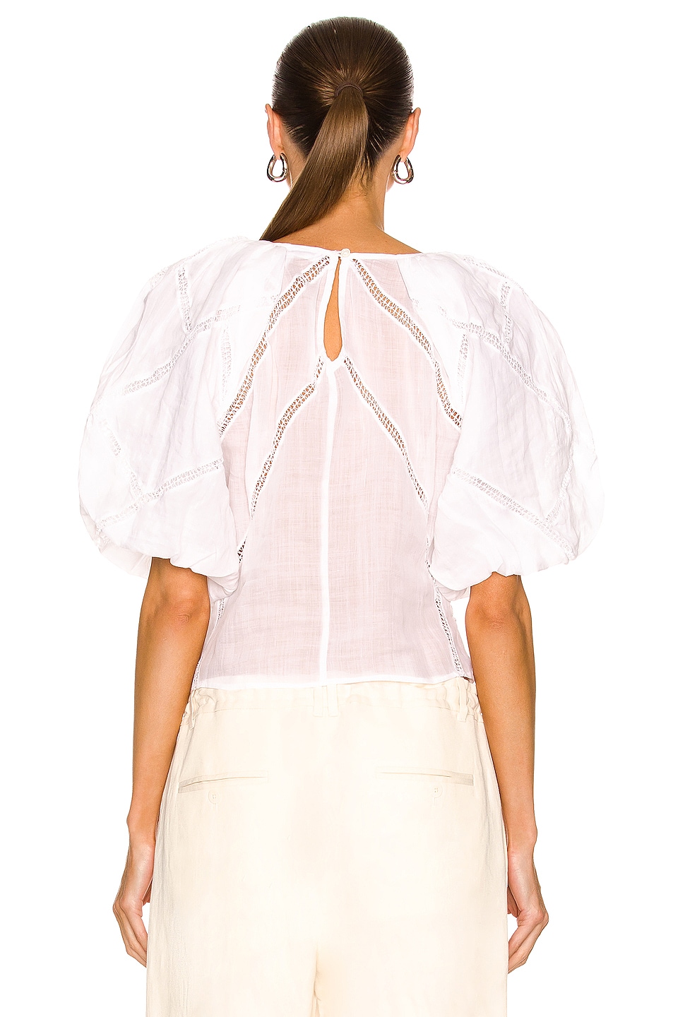 FRAME Inset Lace Gathered Seam Top in Blanc | FWRD