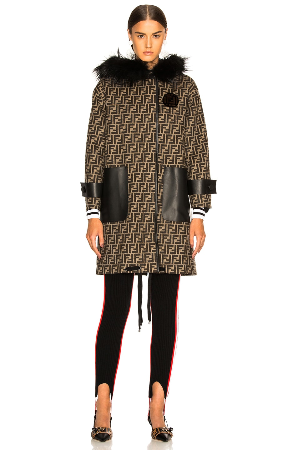 Fendi Fur Trim Logo Print Wool Coat in Tobacco & Black | FWRD