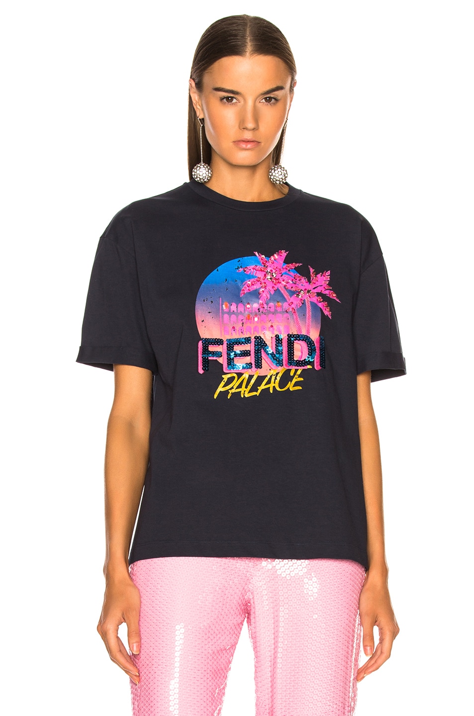 Fendi Palace Embellished Graphic Tee in Navy | FWRD