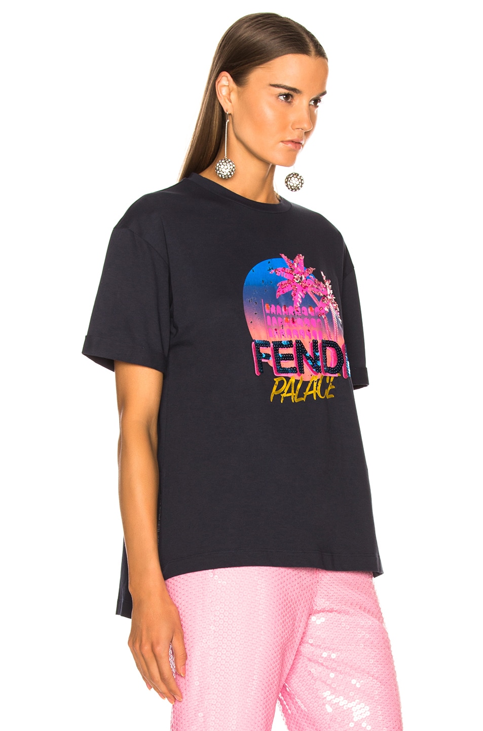 Fendi Palace Embellished Graphic Tee in Navy | FWRD