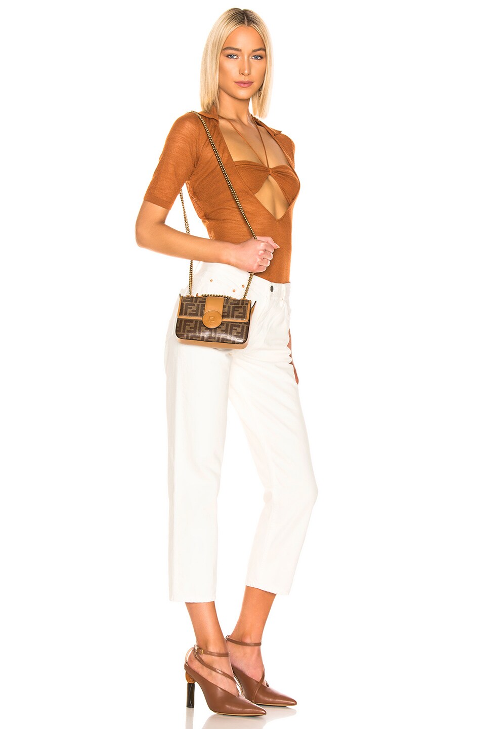 Fendi Logo Chain Crossbody Bag in Brown | FWRD