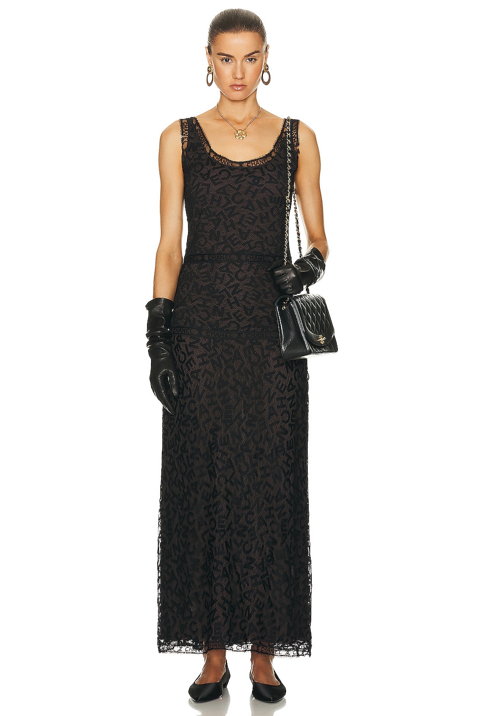 FWRD Renew Chanel 1998 Logo Lace Dress in Black | FWRD
