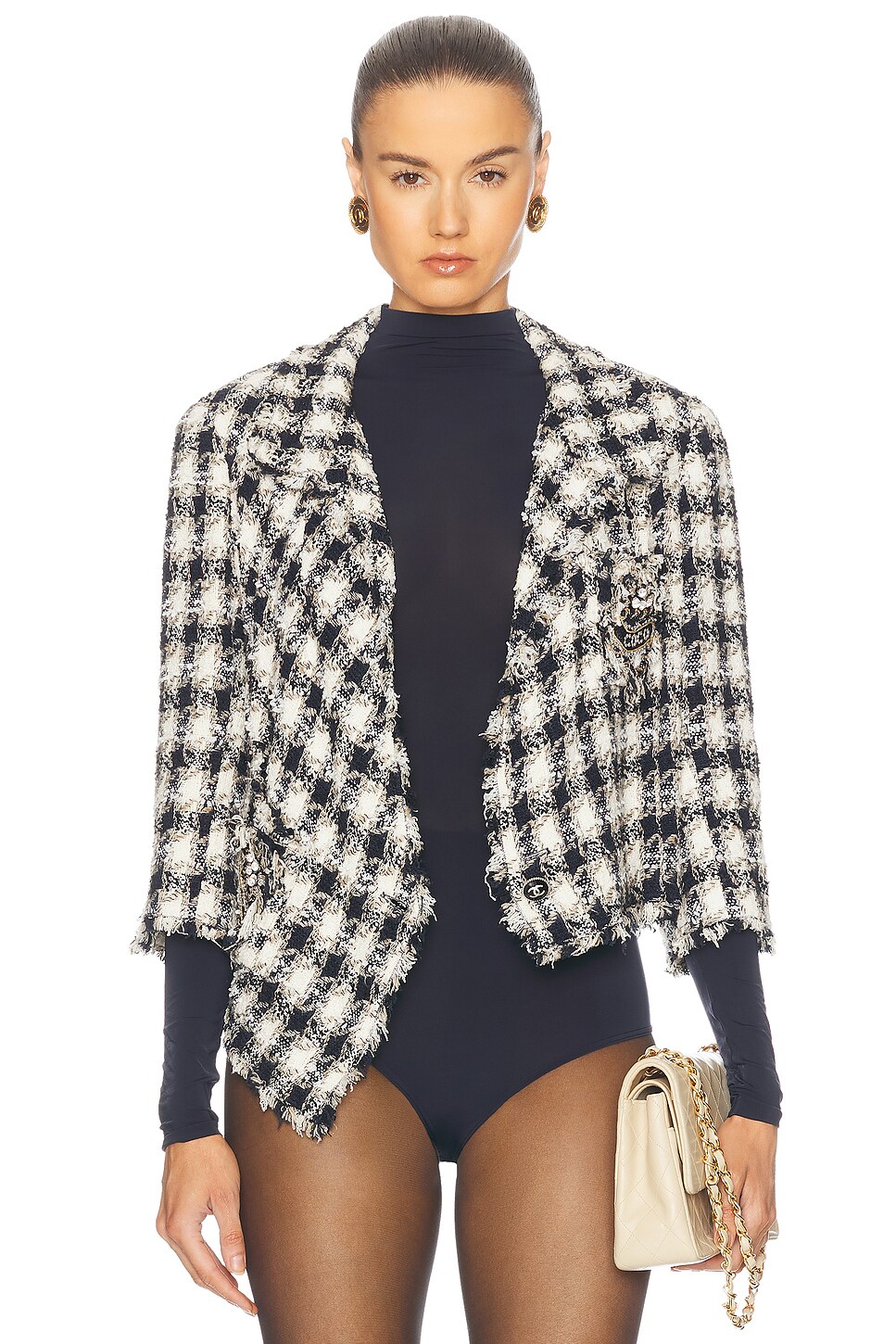 FWRD Renew Chanel Bijoux Patch Tweed Jacket in Black & White | FWRD