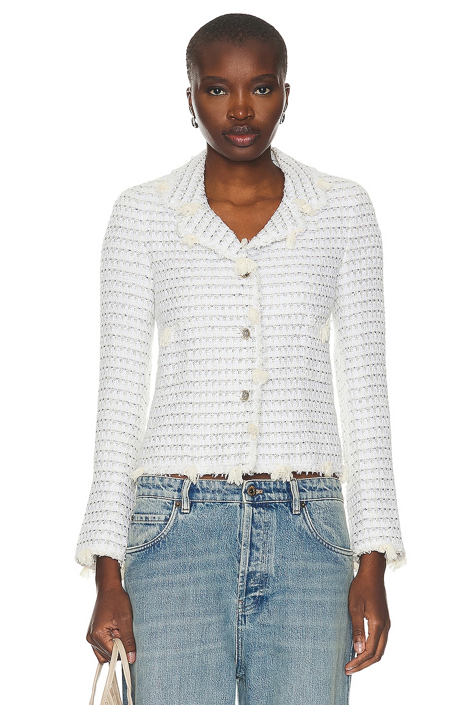 FWRD Renew Chanel Crop Tweed Jacket in Ecru | FWRD