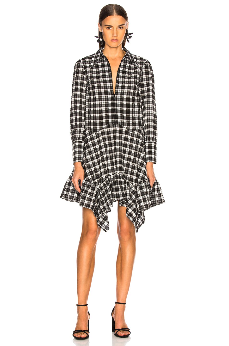Ganni Seersucker Check Dress in Black | FWRD