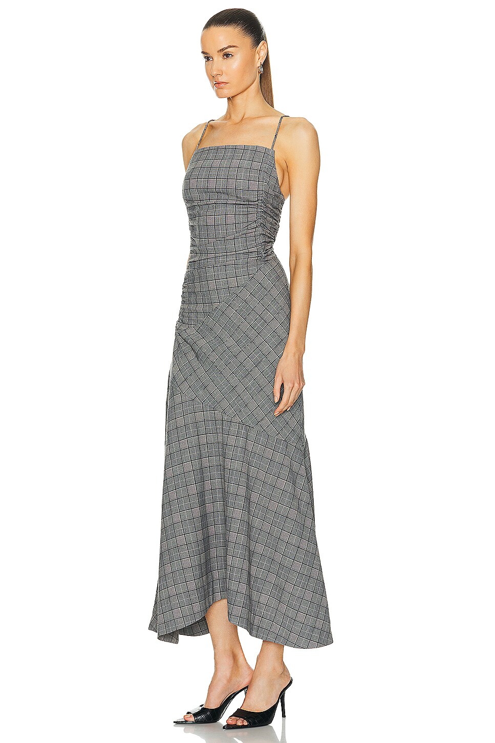 Ganni Check Mix Ruched Long Slip Dress in Frost Gray | FWRD