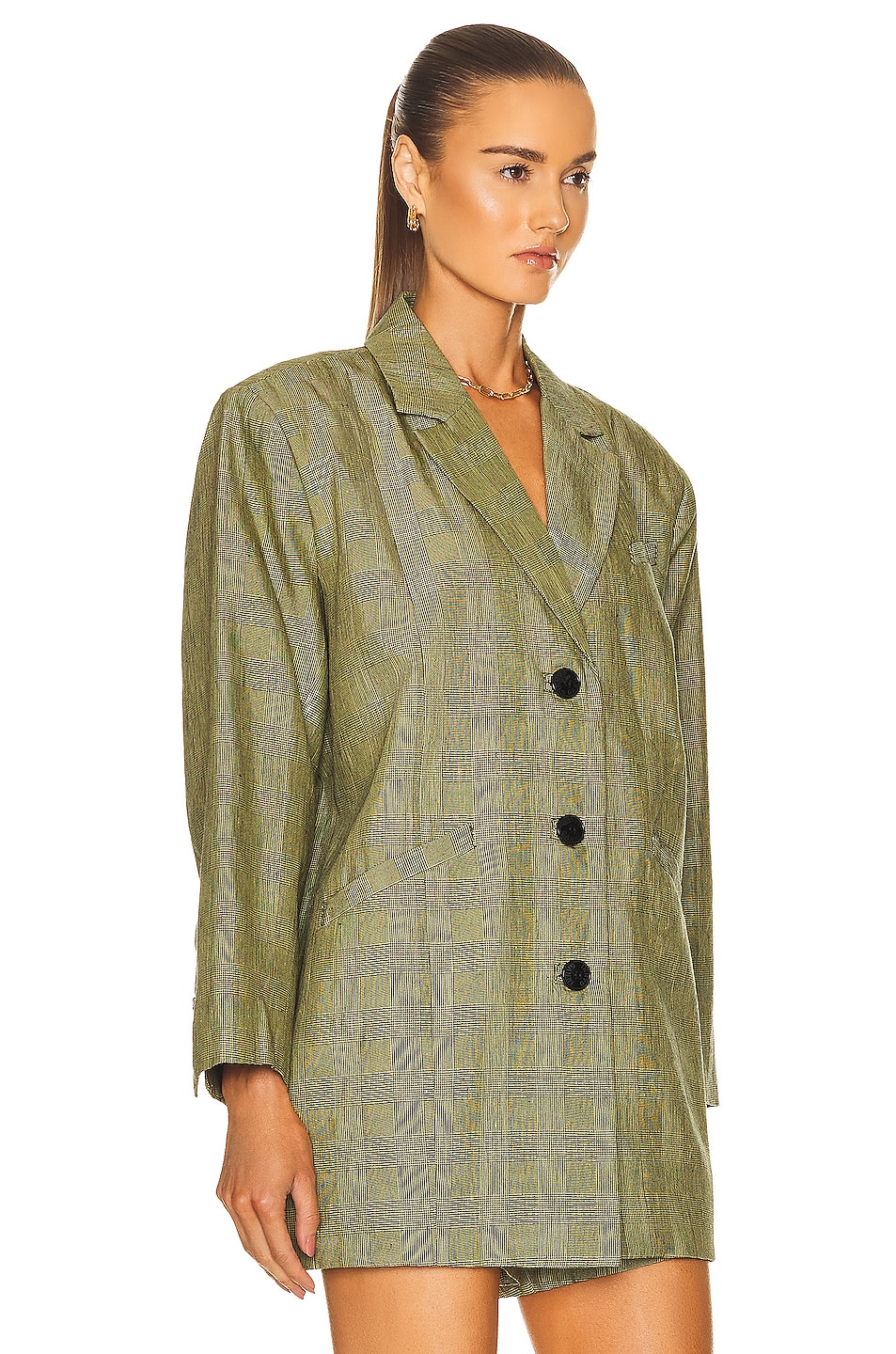 Ganni Slub Check Suiting Blazer in Gold Fusion Check | FWRD