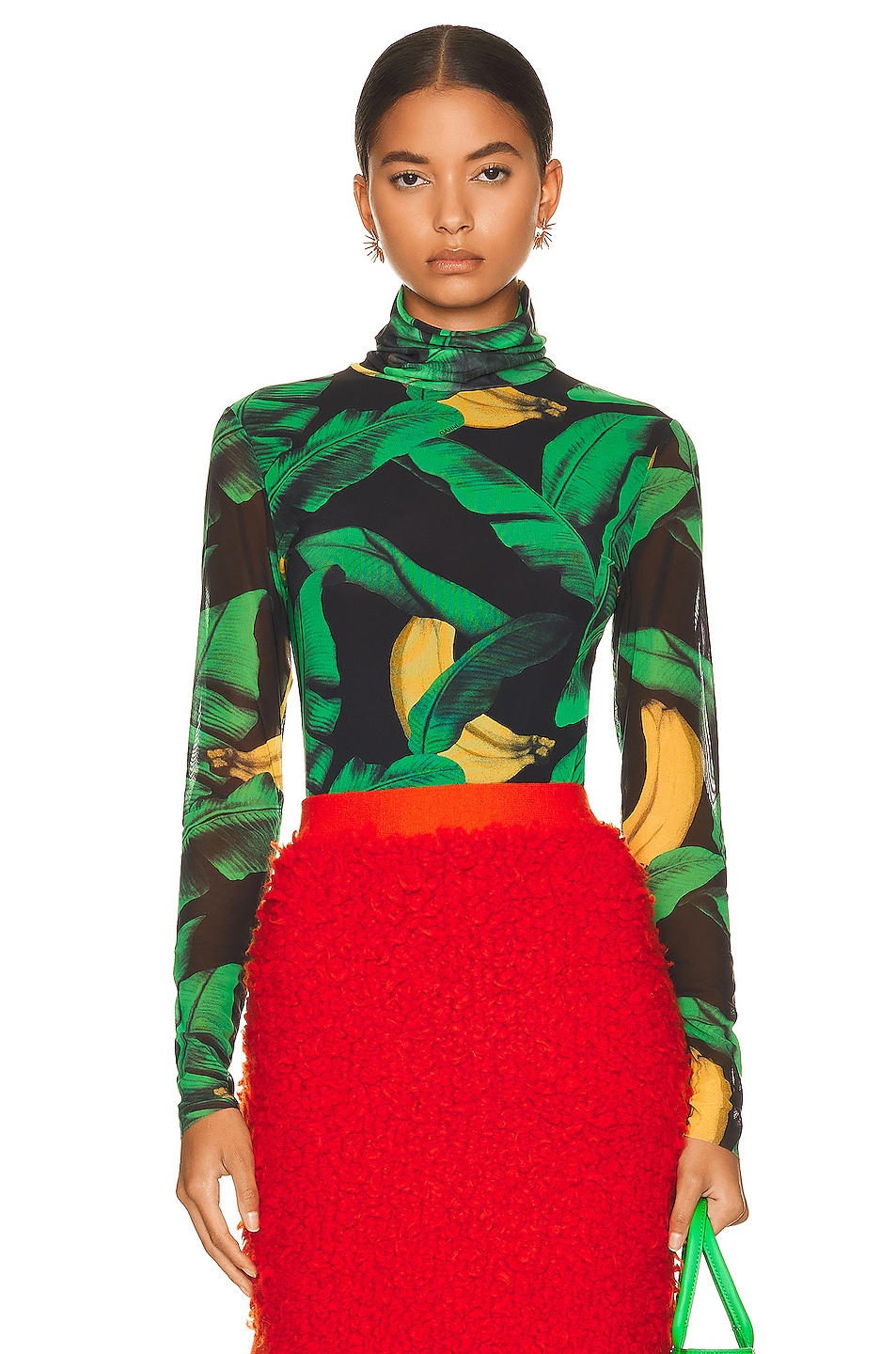 Ganni Printed Mesh Long Sleeve Top in Black | FWRD