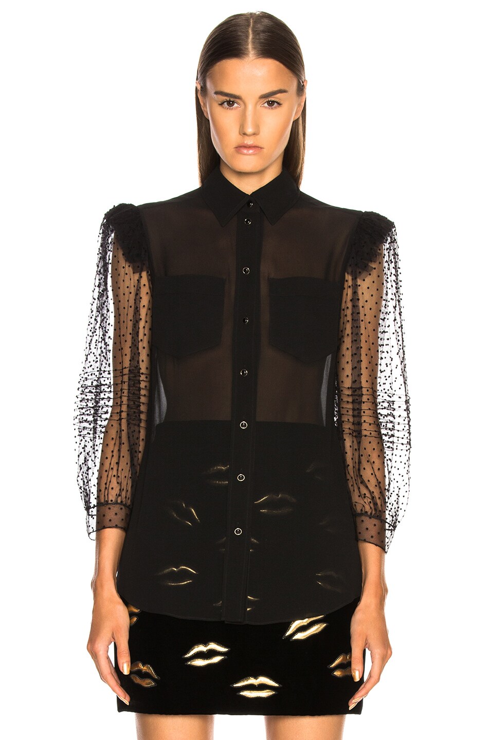Givenchy Silk Georgette Lace Sleeve Blouse in Black | FWRD