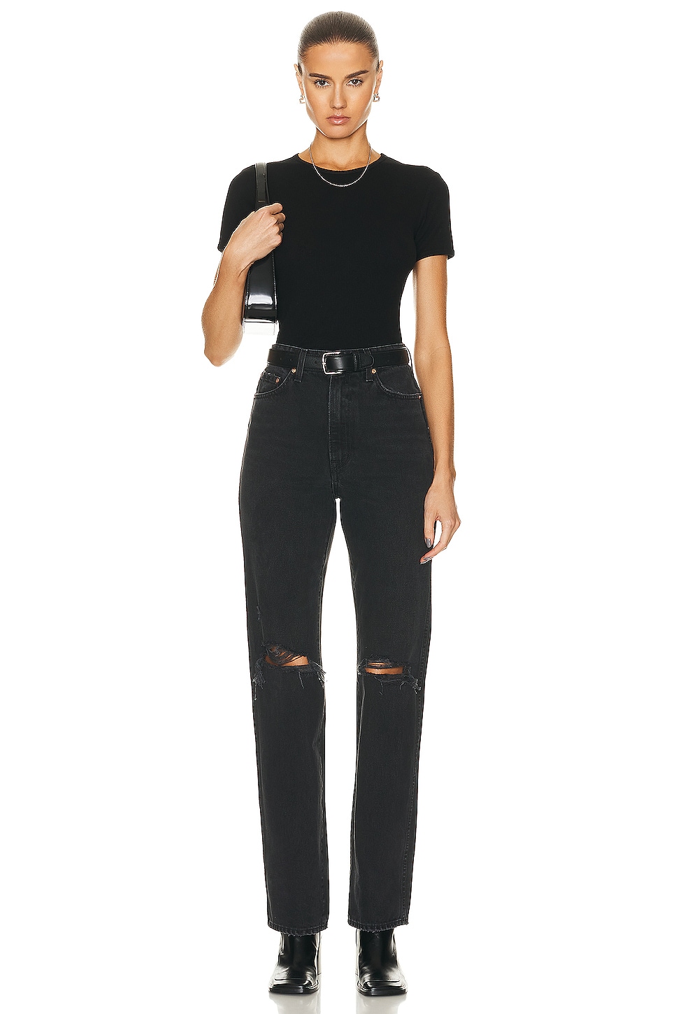 GRLFRND Sara Super High Rise Slim Straight Jeans in Black Rock | FWRD