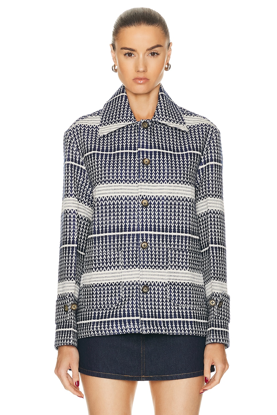 HARAGO Jacquard Handloom Blouson Jacket in Navy | FWRD